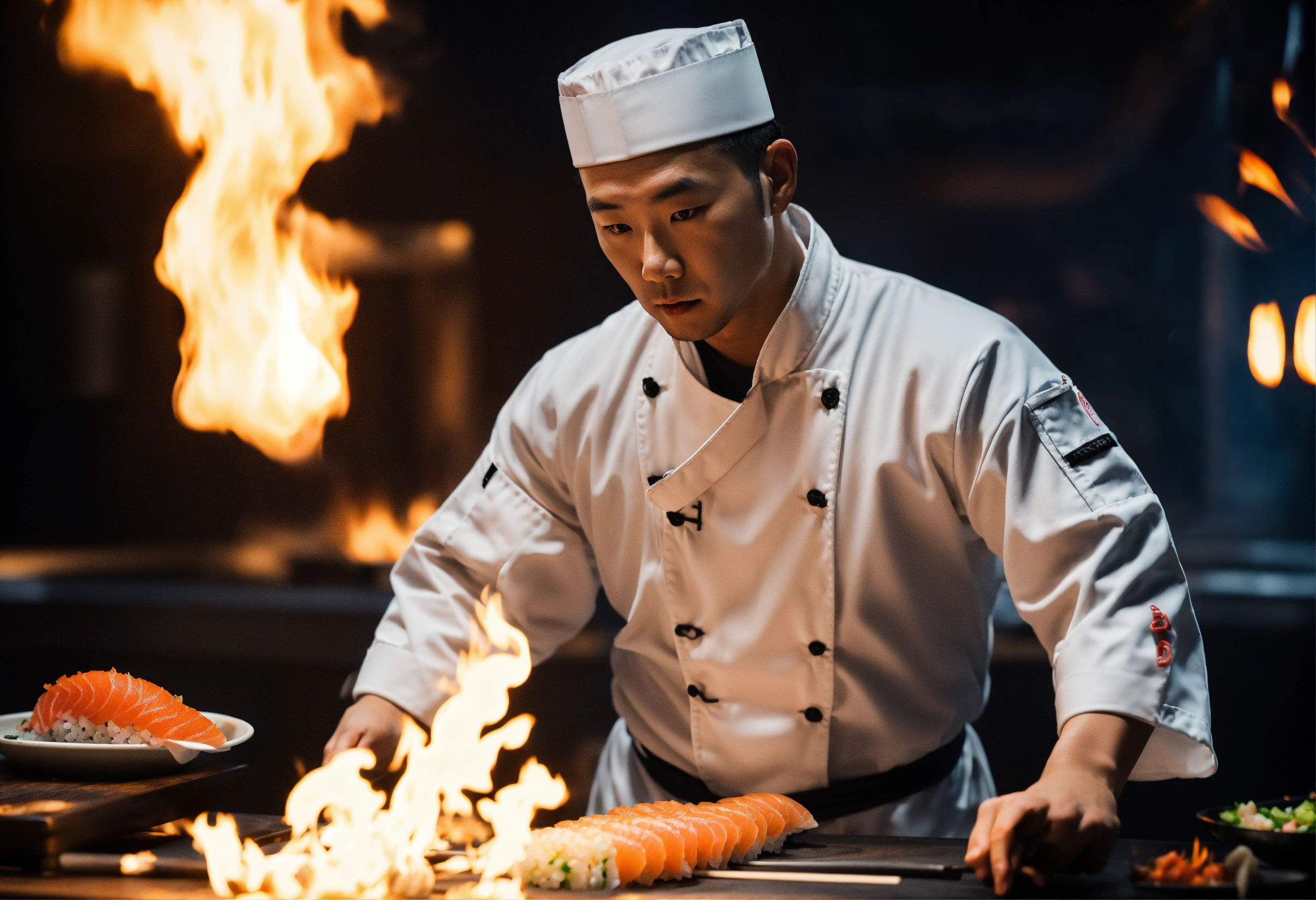 Lexica - Sushi chef with white clothes, cooking in teppanyaki table ...