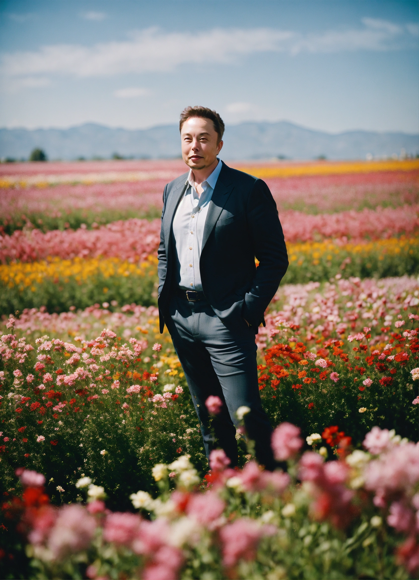 Lexica - Happy Elon Musk standing in a beautiful field of flowers ...