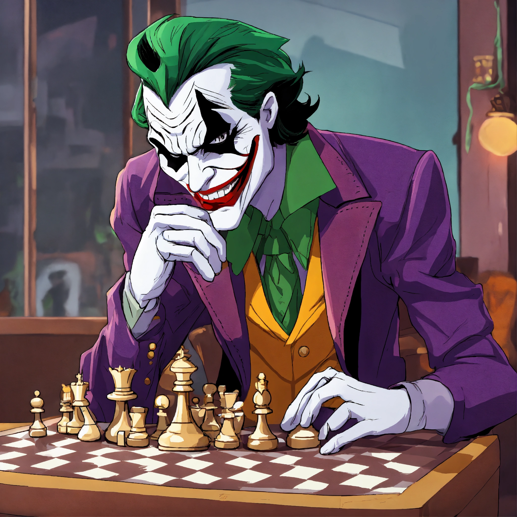 Lexica - Joker playing chess, cartoon style.