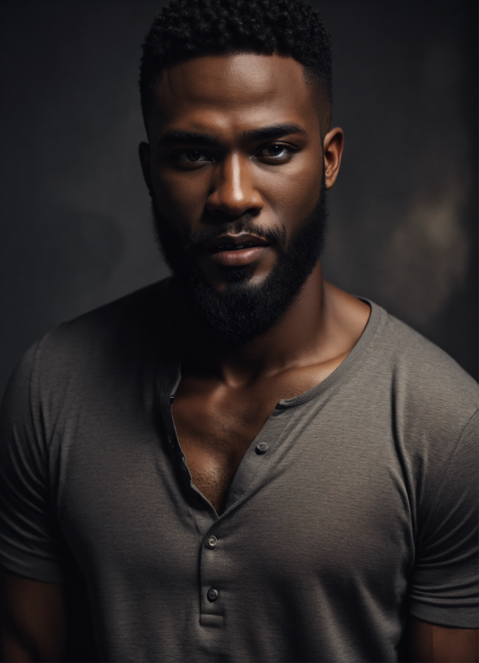 Lexica - Handsome black male, dark skin, , beard, vampire, gray Henley