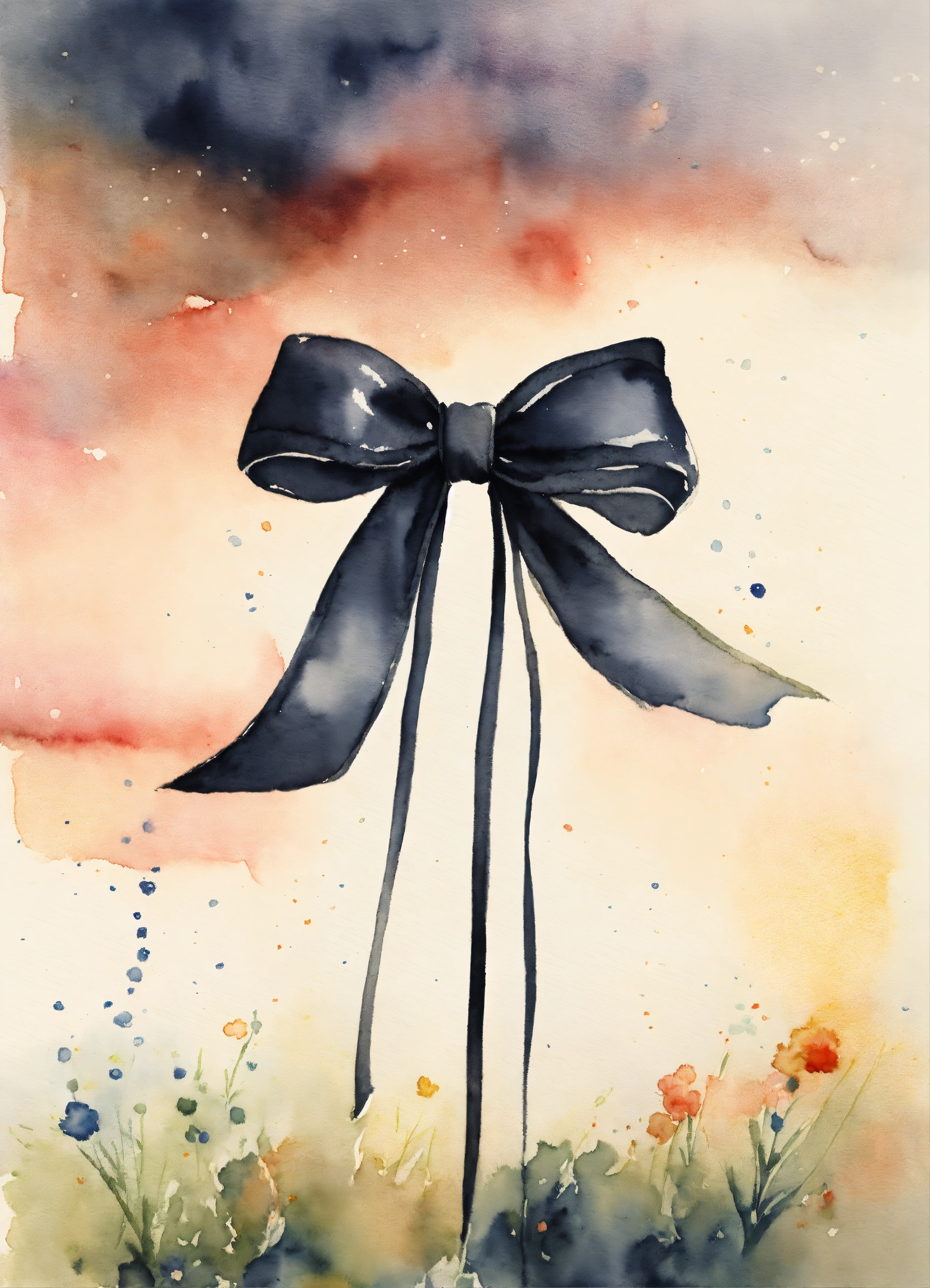 Lexica - A 2d delicate watercolor painting of a thin black ribbon bow ...