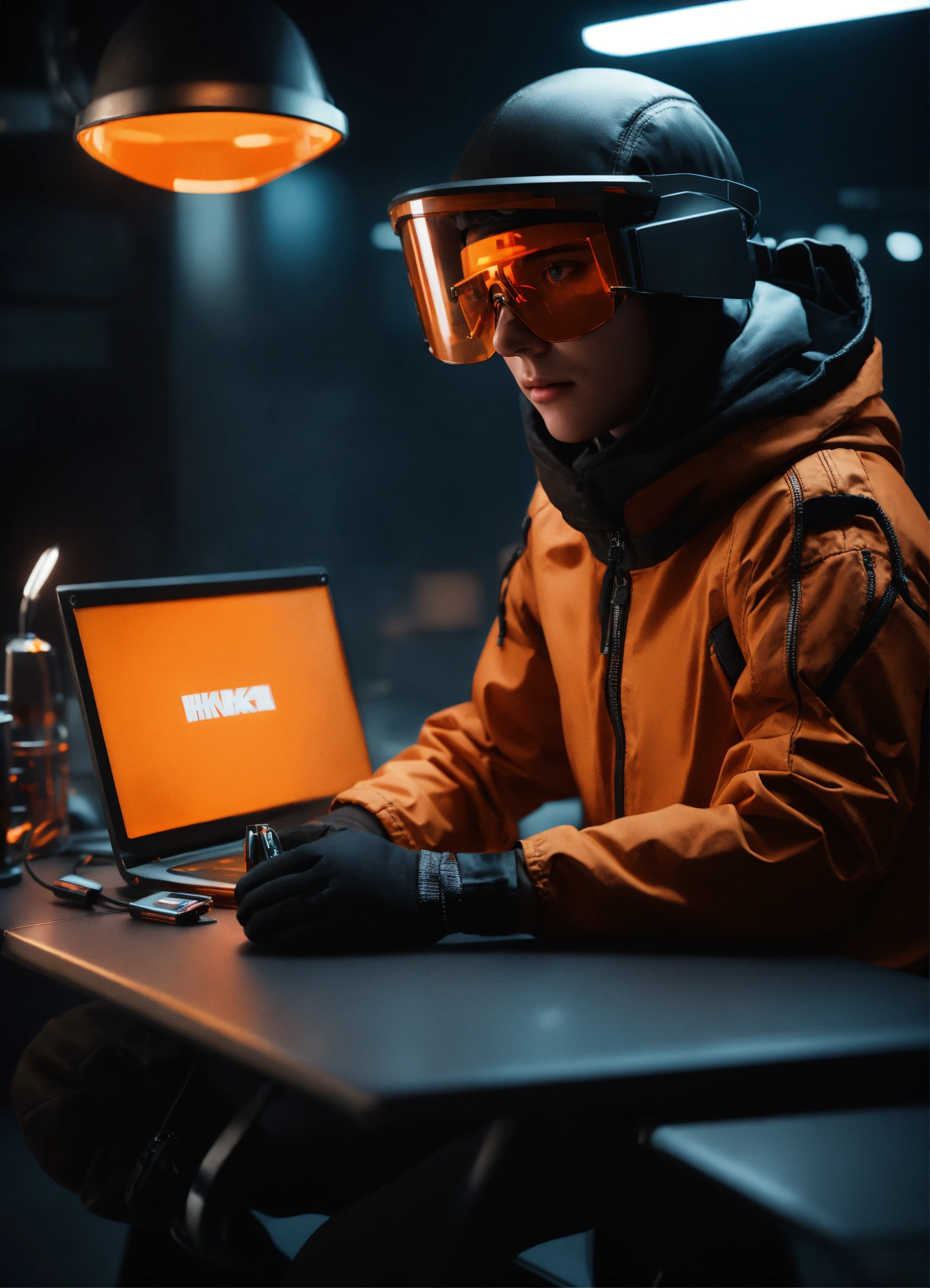 Lexica - Nerdy 20 year old male hacker wearing hi-tech orange tinted ...