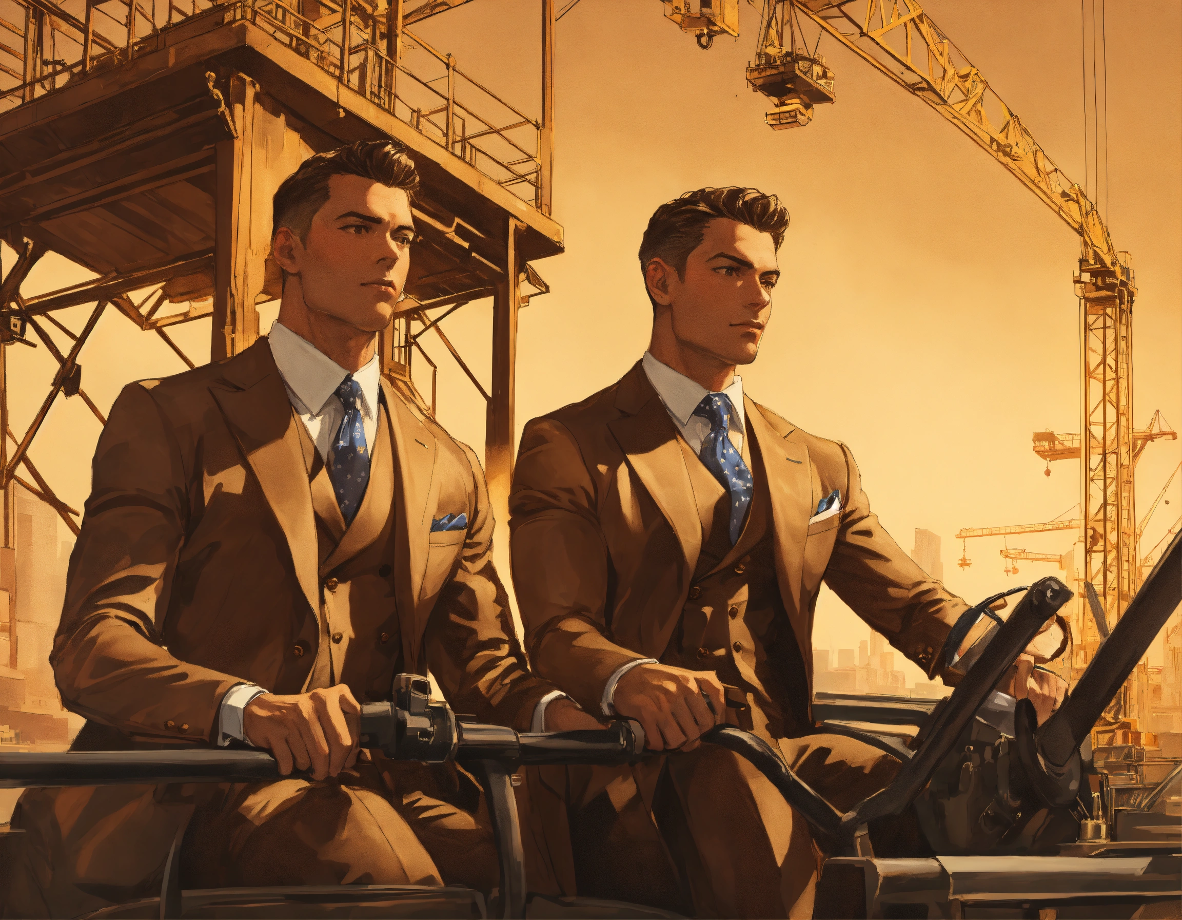 Lexica - Two muscular male Ceo in brown double breasted suit, club tie ...