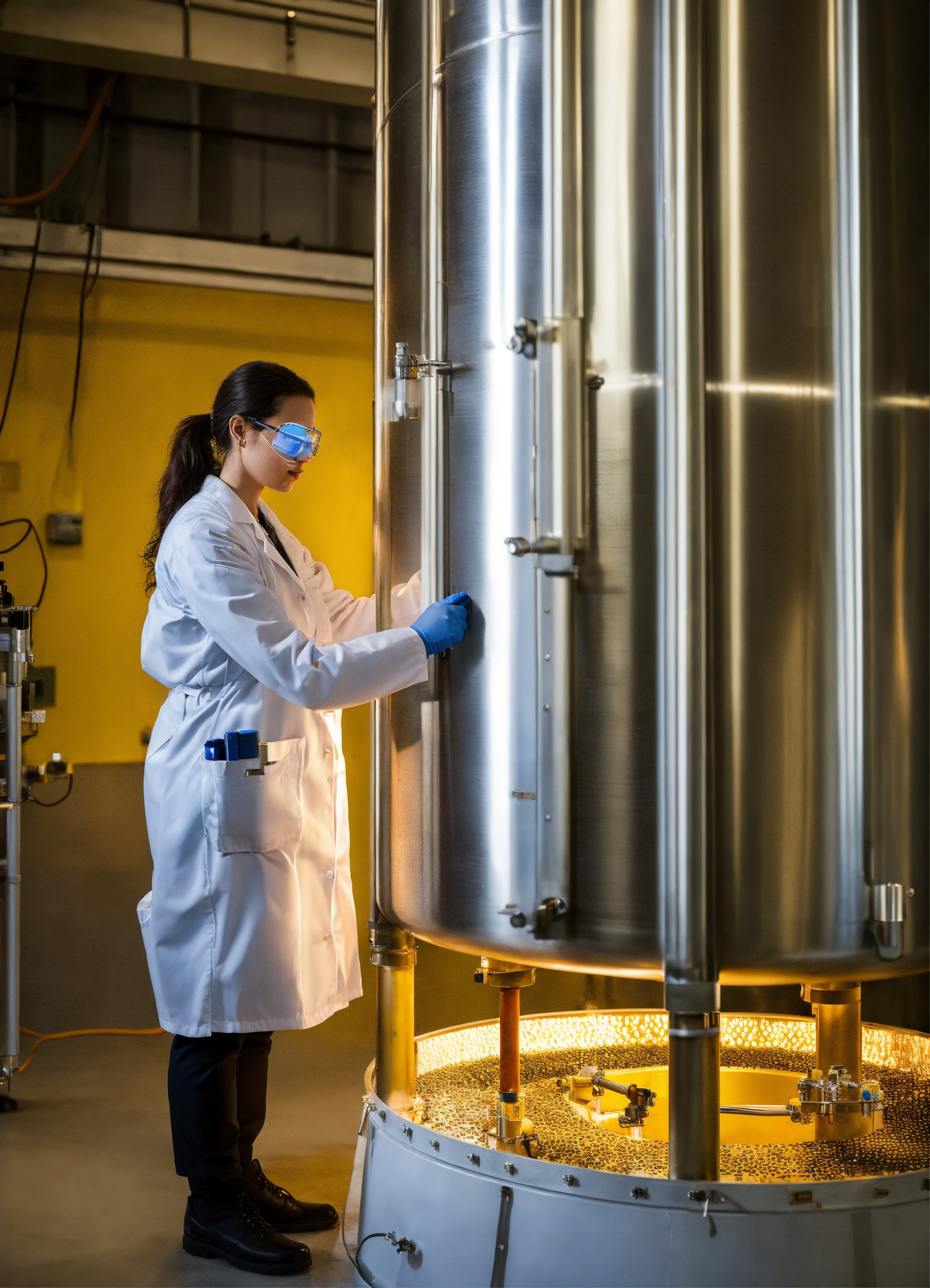 Lexica - Female scientist in a white labcoat working on a steel tank ...