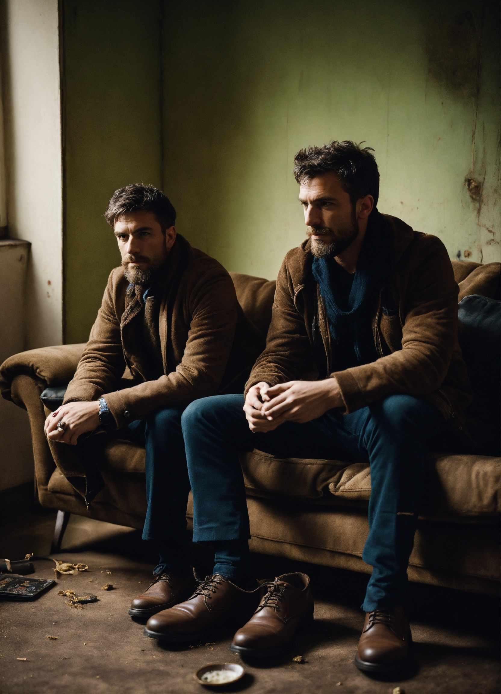 Lexica - 2 scruffy British men, sitting on a small, old, dirty couch ...