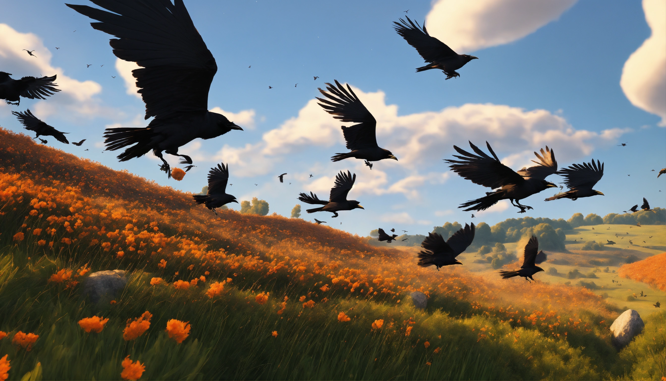 Lexica - Generate an image of flock of crow flying in sky , 3d cartoon ...