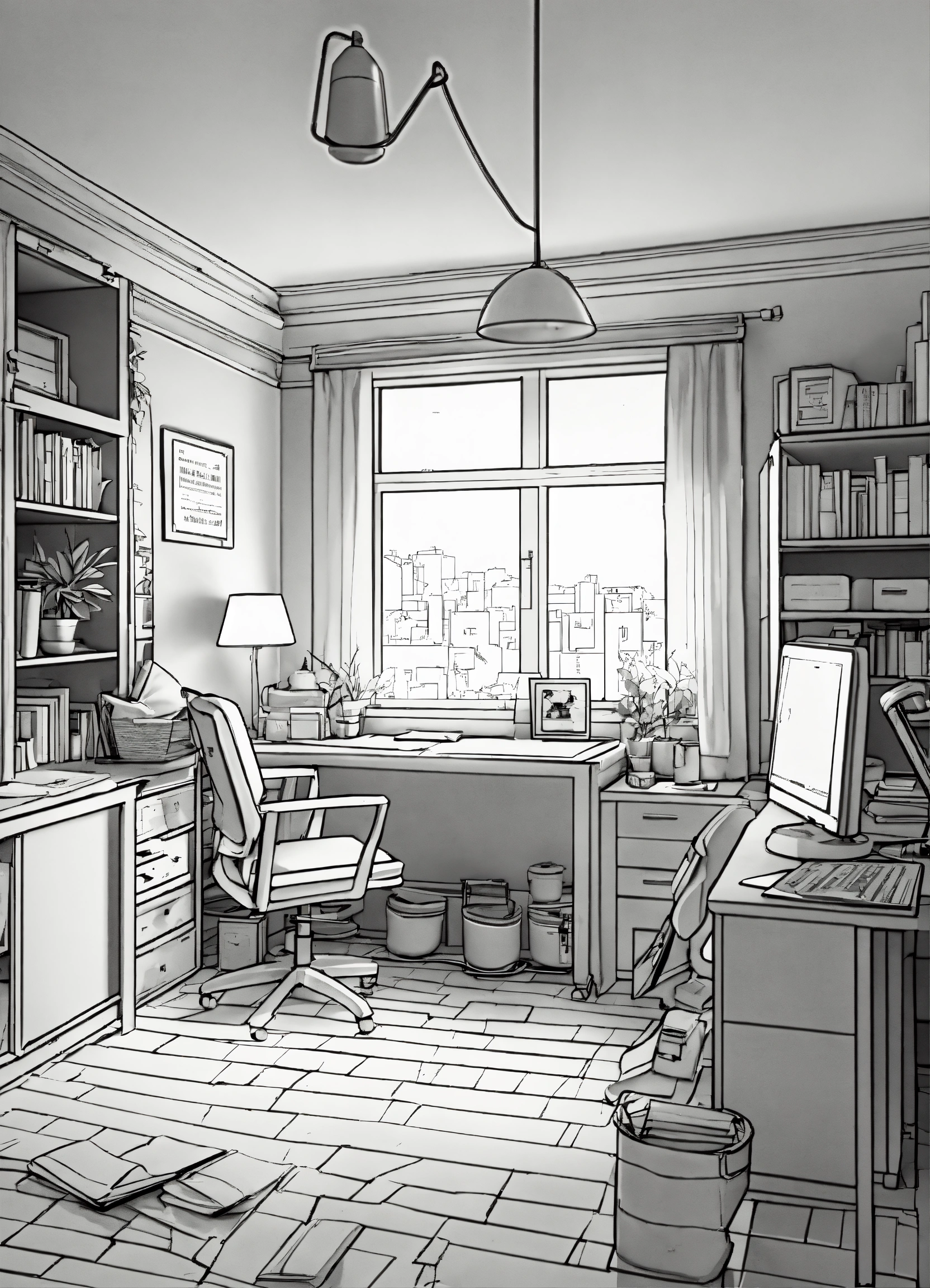 Lexica - Coloring book page, isometric study room, 3d art, black and ...