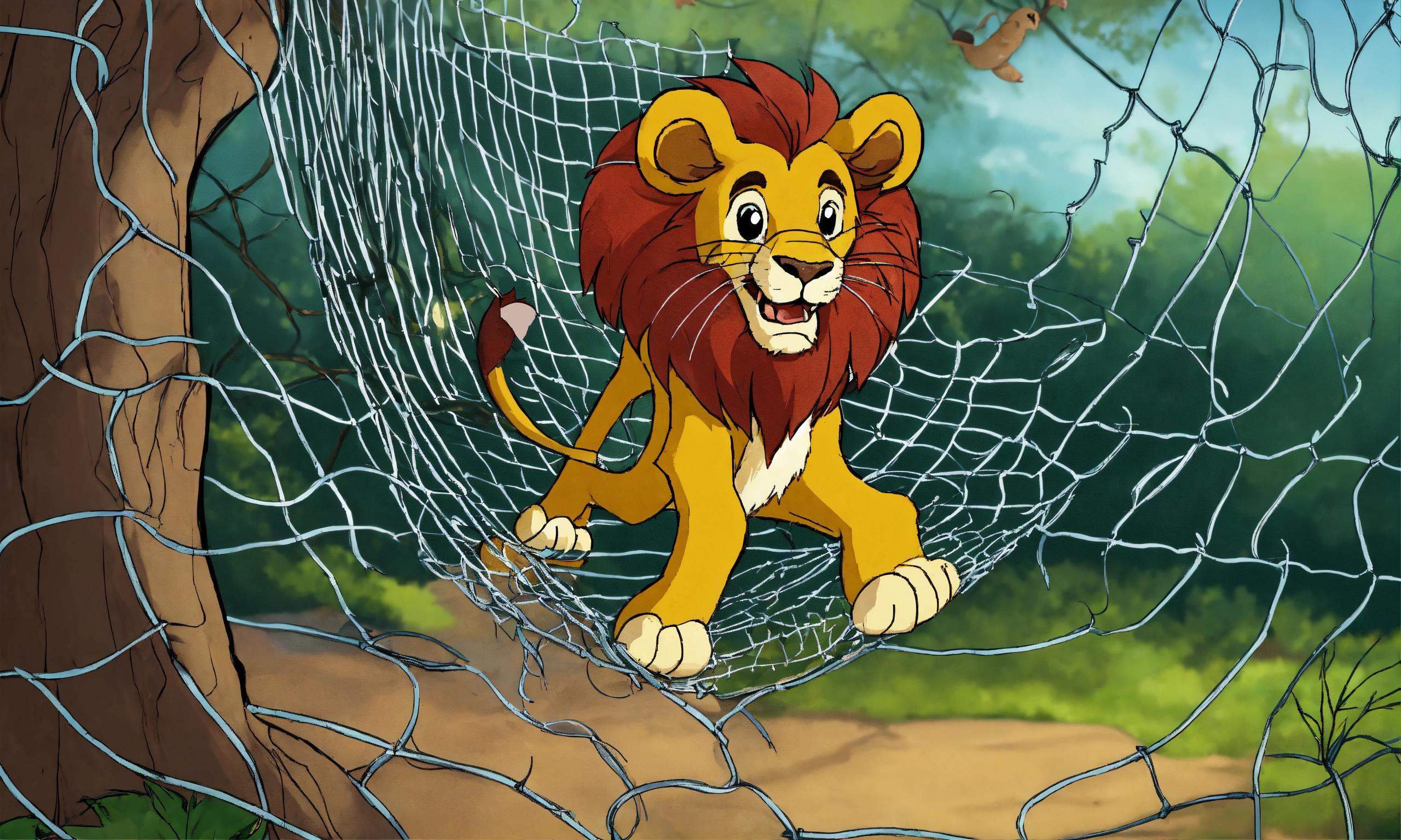Lexica - Cartoon lion trapped in net , net hung to tree, mouse teeth ...
