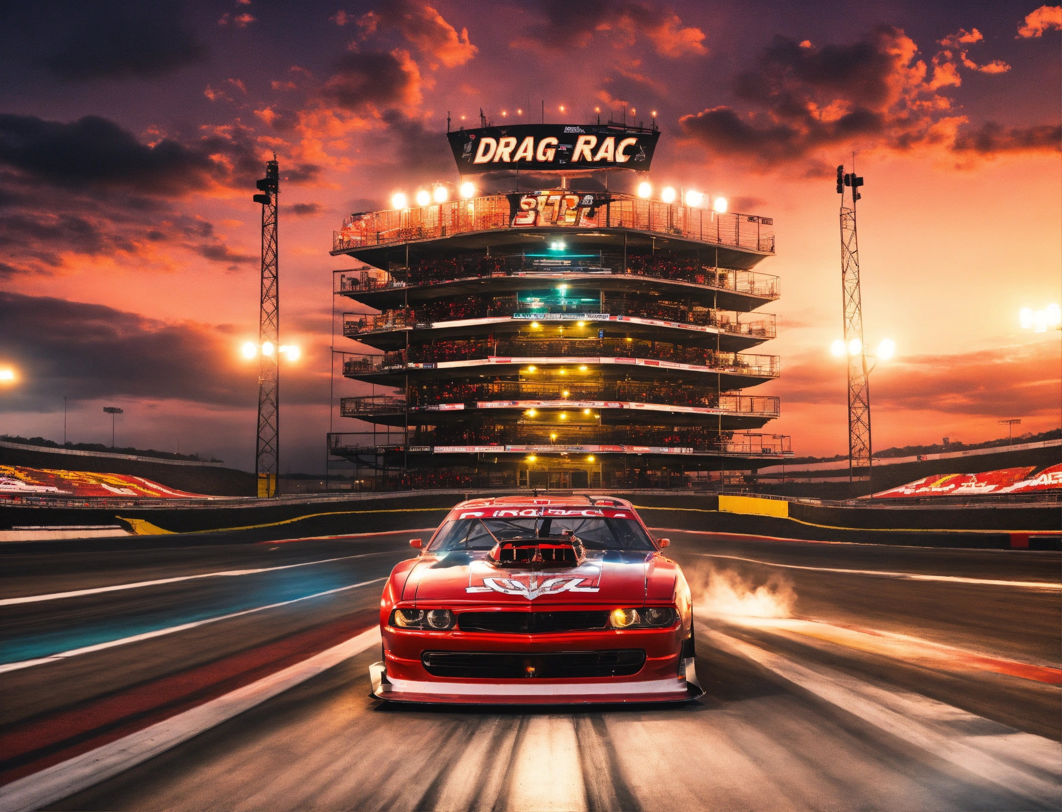 Lexica - Drag race car, dragstrip with start lights, race tower in the ...