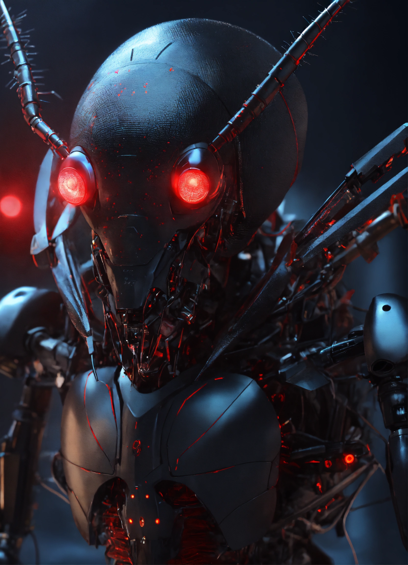 Lexica - Zoom out of black cockroach faced humanoid with red glowing ...