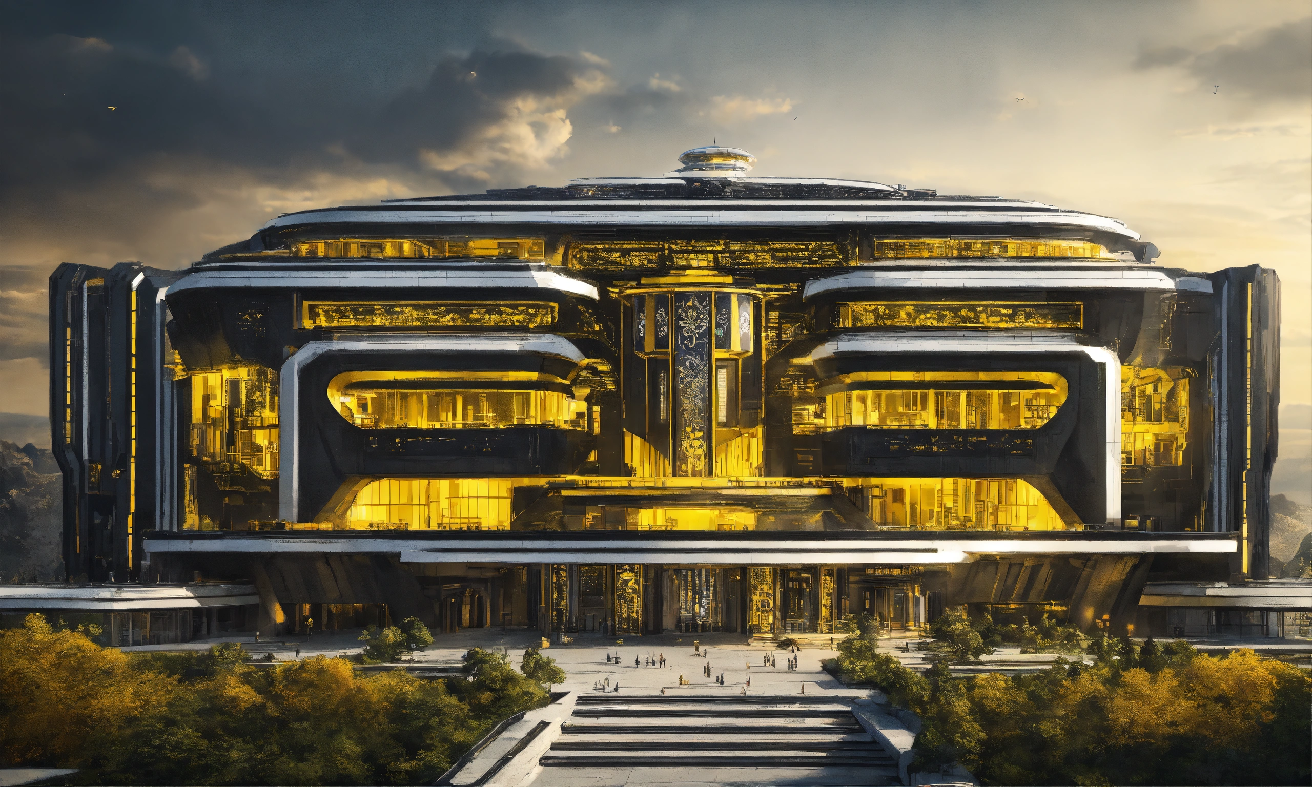 Lexica - Full image of a massive sci fi palace with black, white and ...