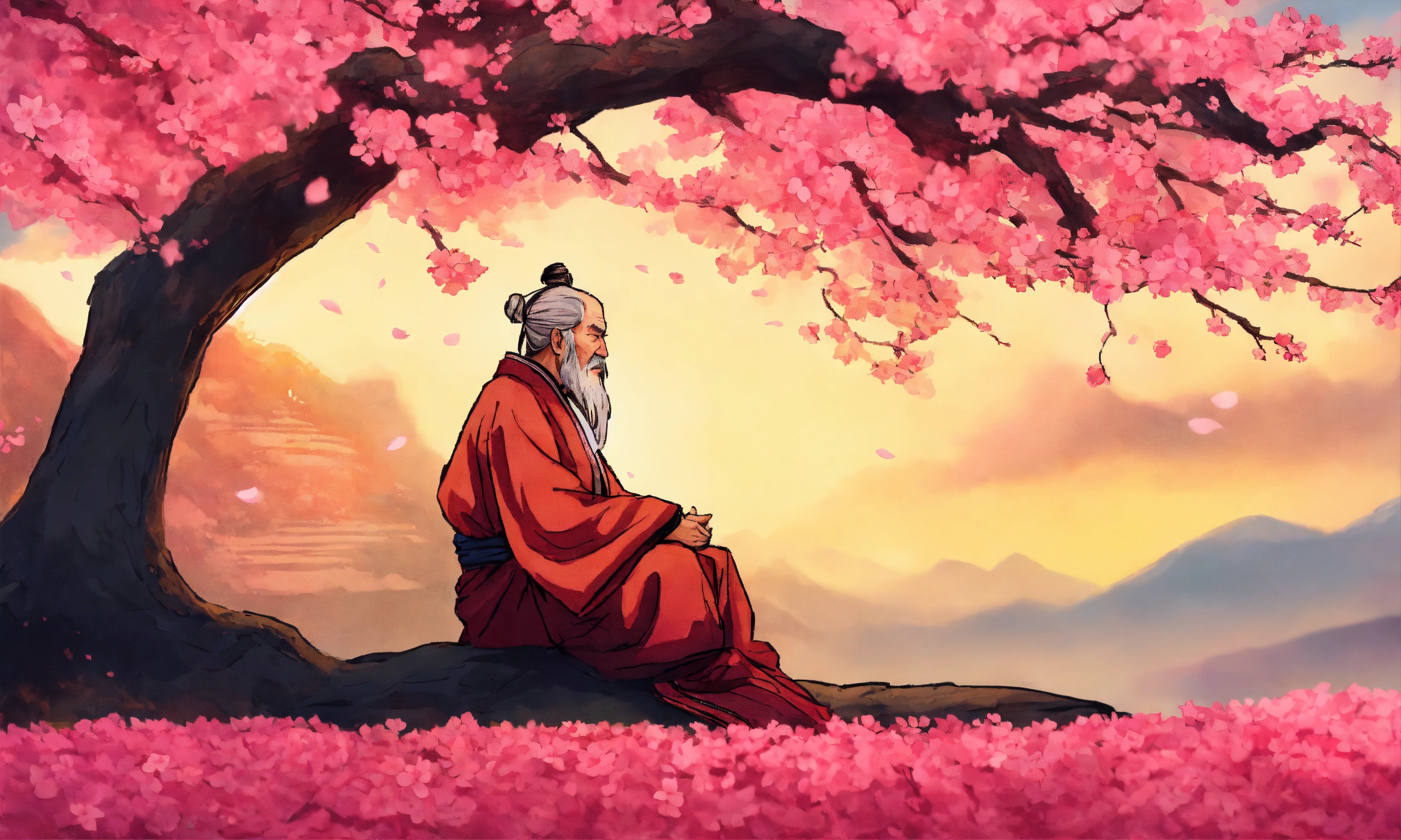 Lexica - A hand drawn painting of a an old zen master sitting under a ...