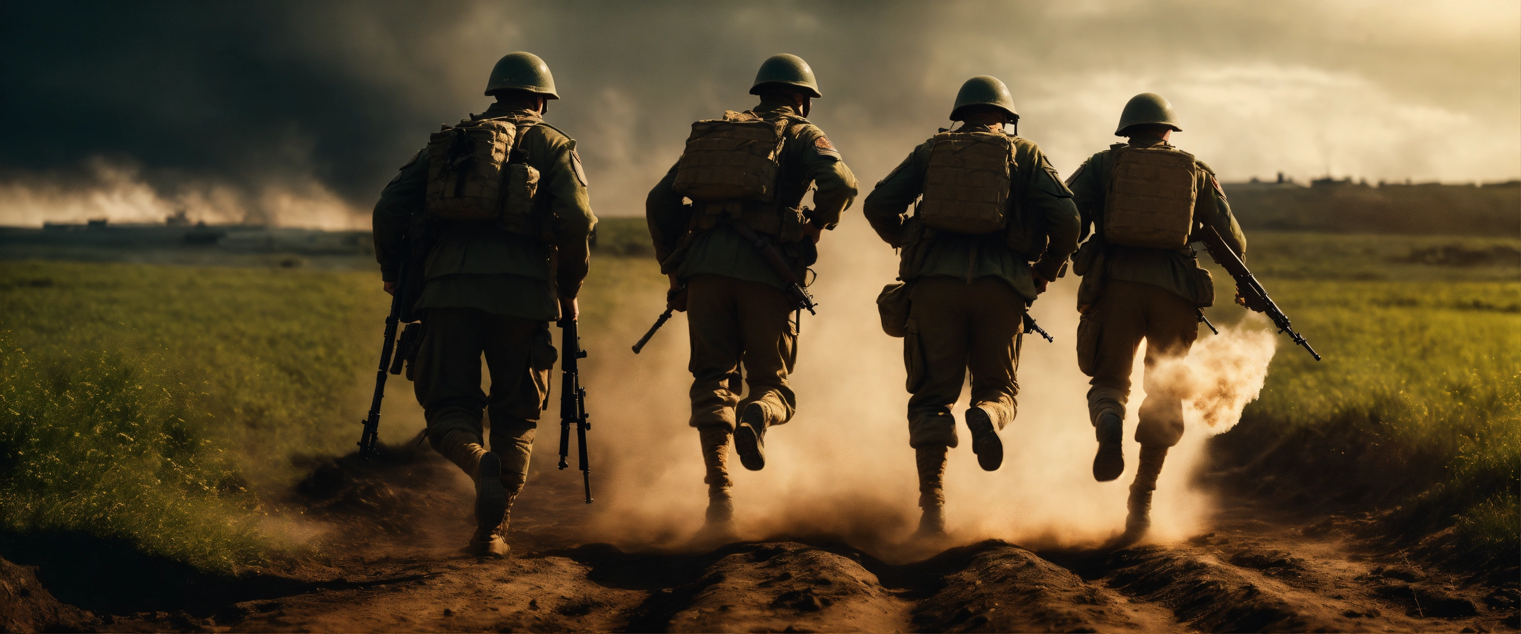 Lexica - Dramatic scene of back view of soldiers running on the ...