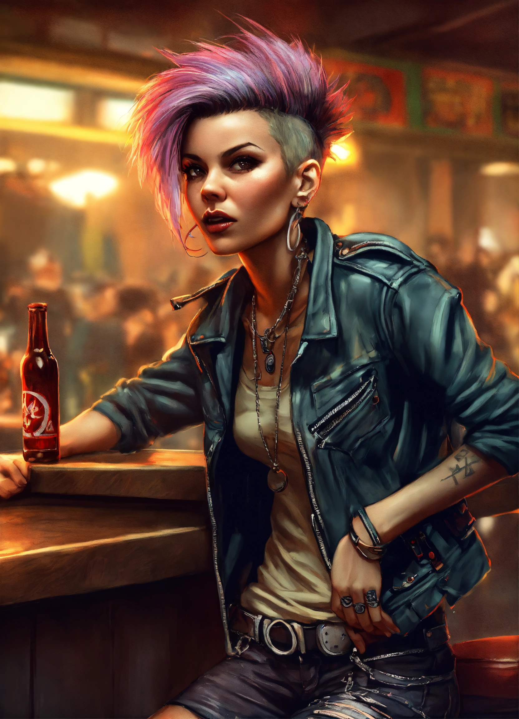 Lexica - Rebellious female punk rocker, standin in bar, a funny ...