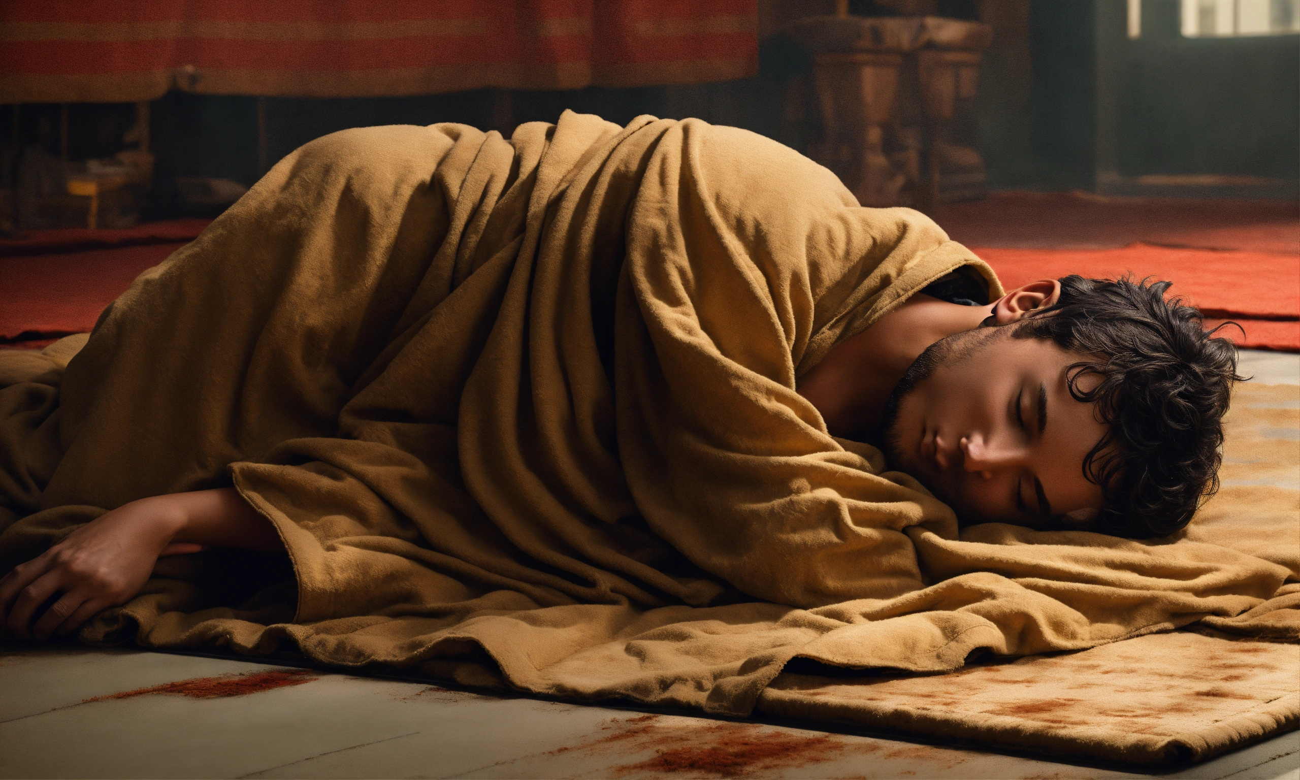 Lexica - A man in dirty robes, sleeping on his left side on a dirty mat ...