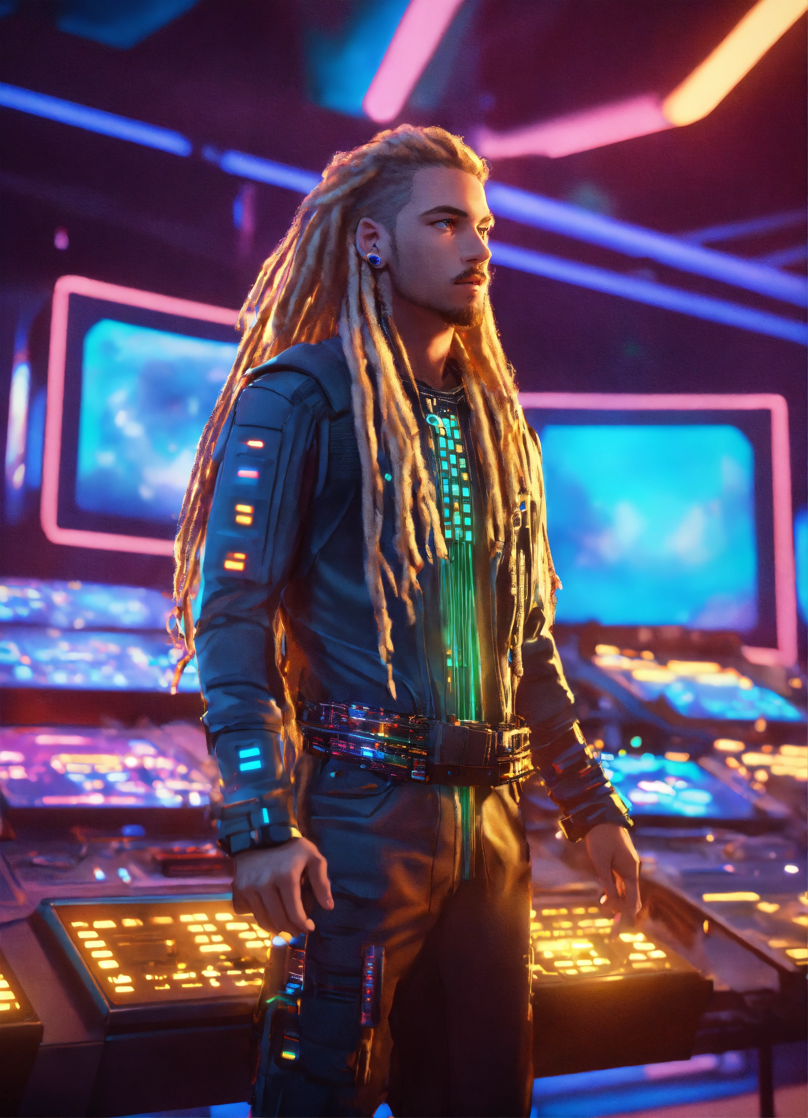 Lexica - Caucasian male with long blonde dreadlocks wearing futuristic ...