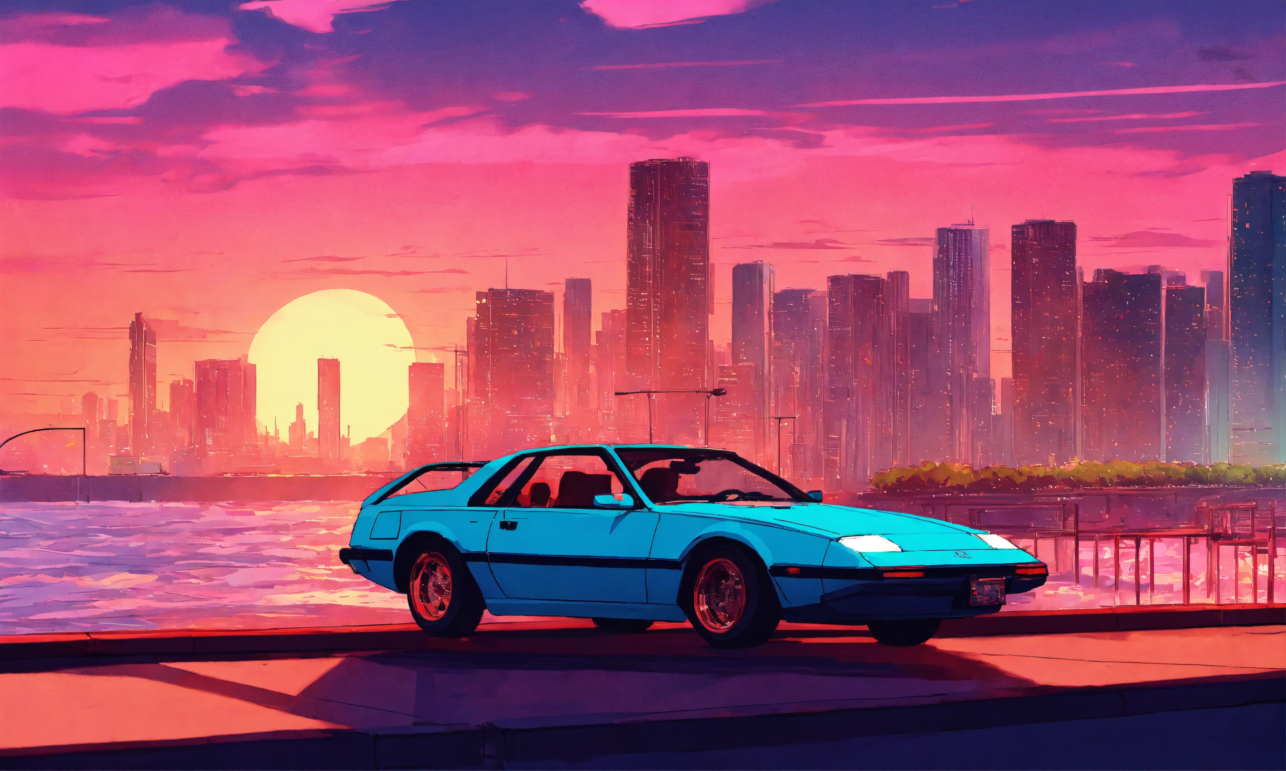 Lexica - Anime miami vice, lofi, sunset skyline, 2d, studio ghibli ...