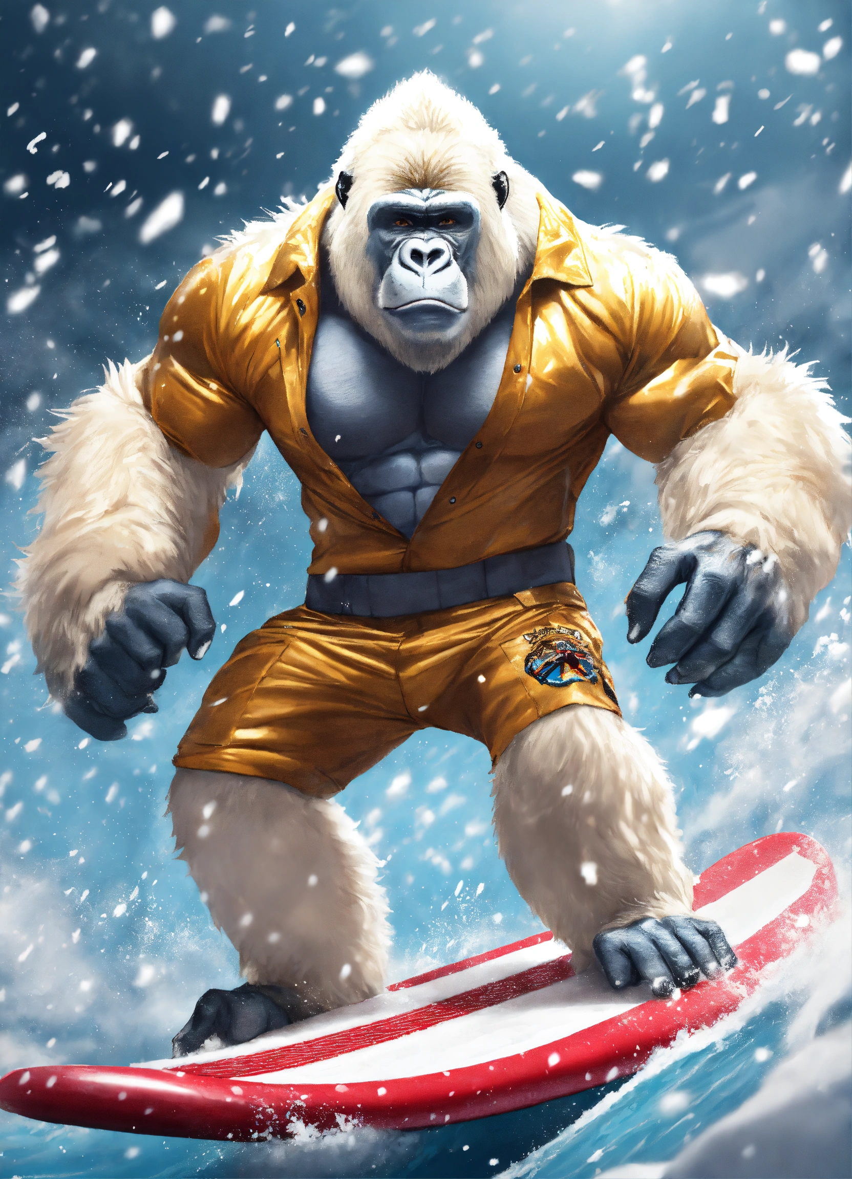Lexica - A large muscular white gorilla dressed as a rapper surfing in ...