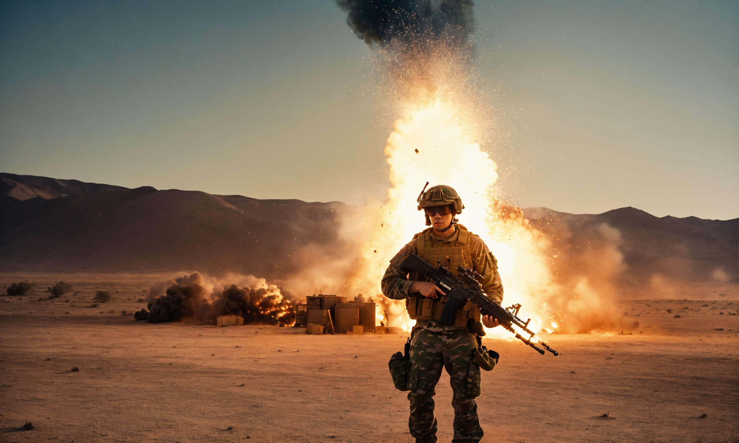 Lexica - Portrait of a lone solder with an AR-15 in the desert ...