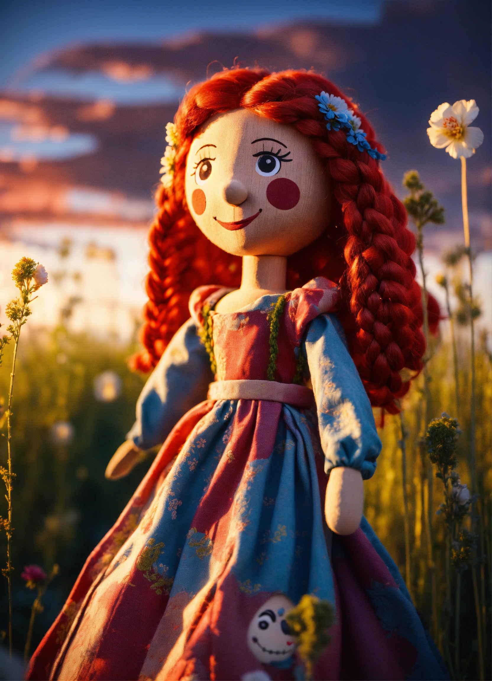 Lexica - One wooden puppets, a red-haired girl with braids, happy ...