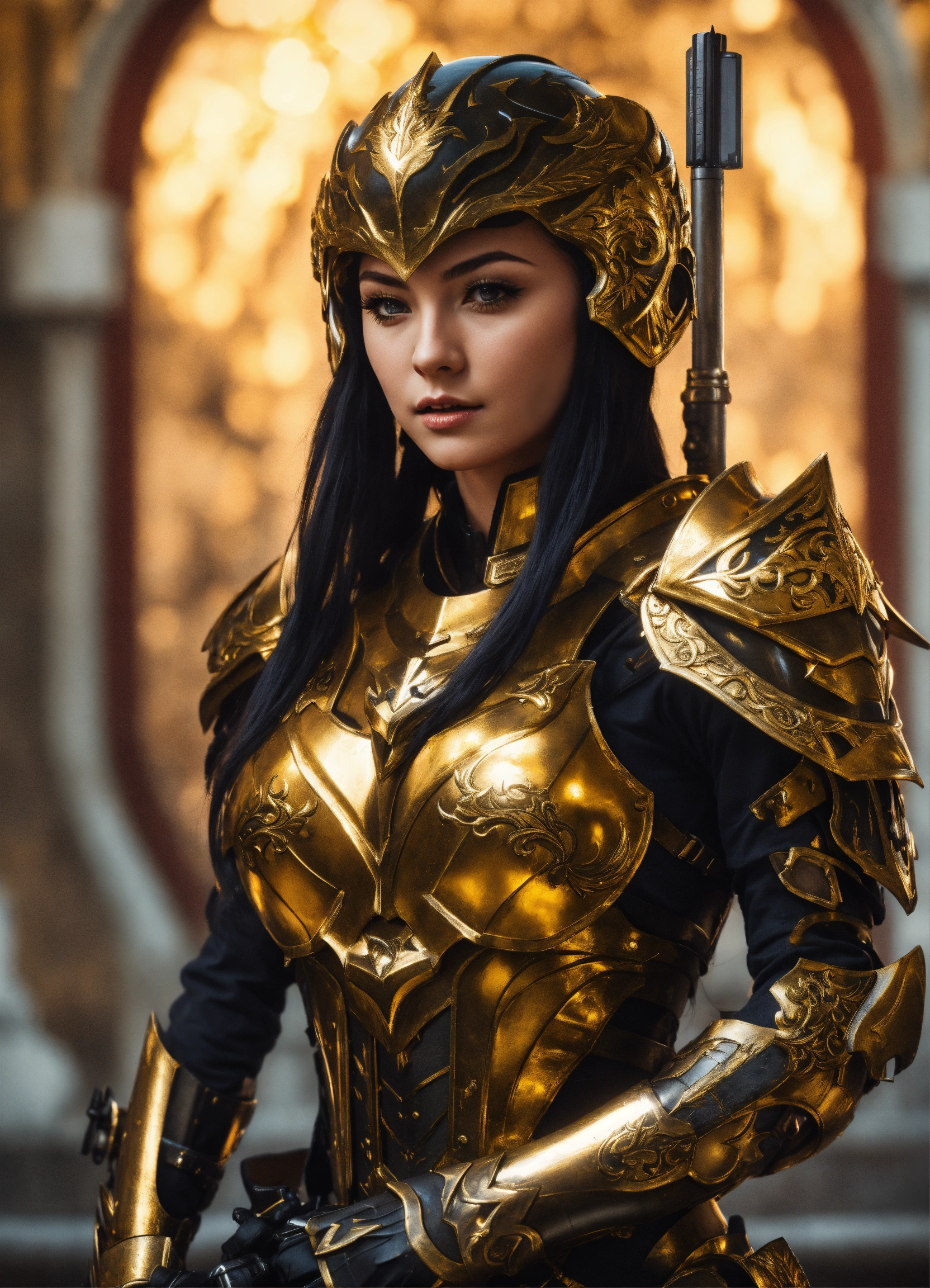 Lexica - Female fantasy character wearing heavy fantasy elven armor, black and gold armor and ...