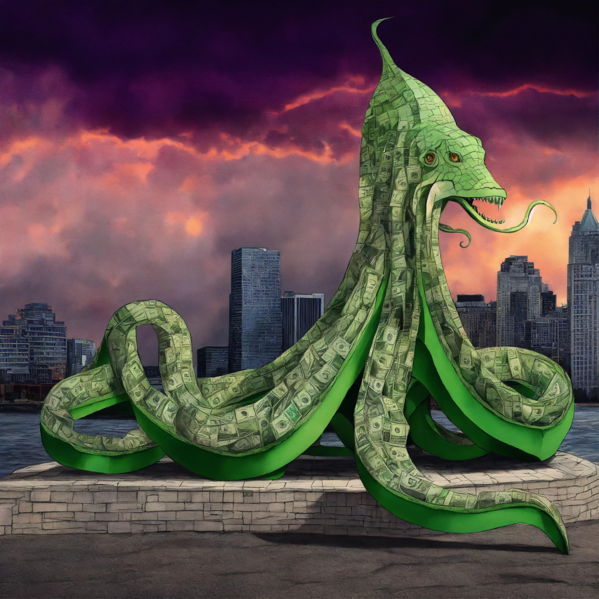 Lexica - Colored pencil sketch of a giant green kraken made of dollar ...