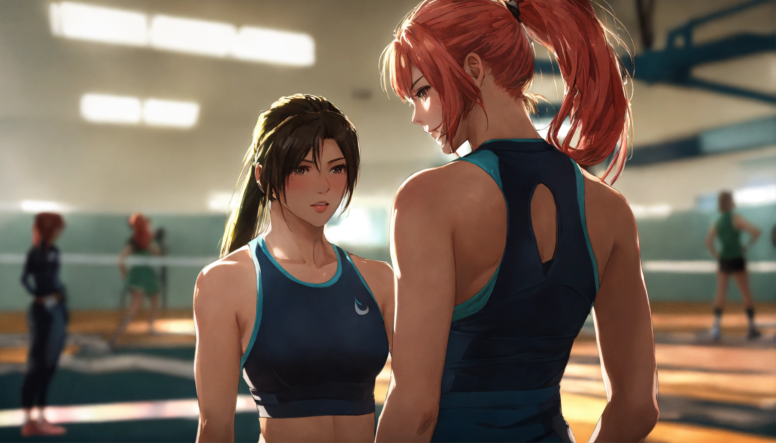 Lexica - A scene in the gym of two beautiful female fighters with hair in ponytail facing each ...