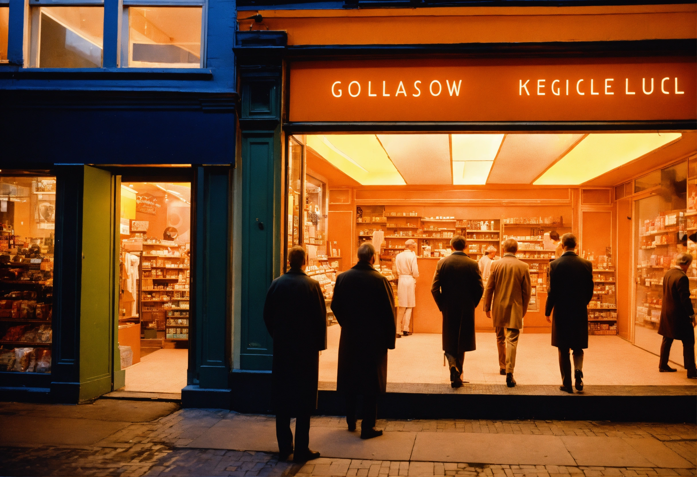 Lexica - Wide Dutch angle shot, a group of male figures, entering shop ...