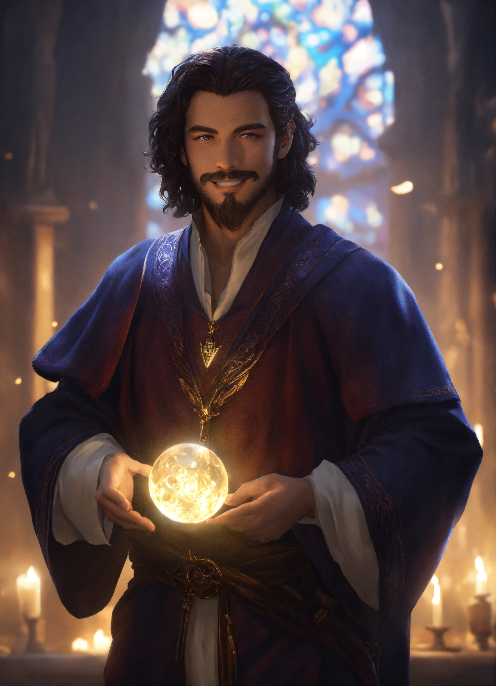 Lexica - Dark medium hair, french goatee, smirk, wizard robes, creating ...