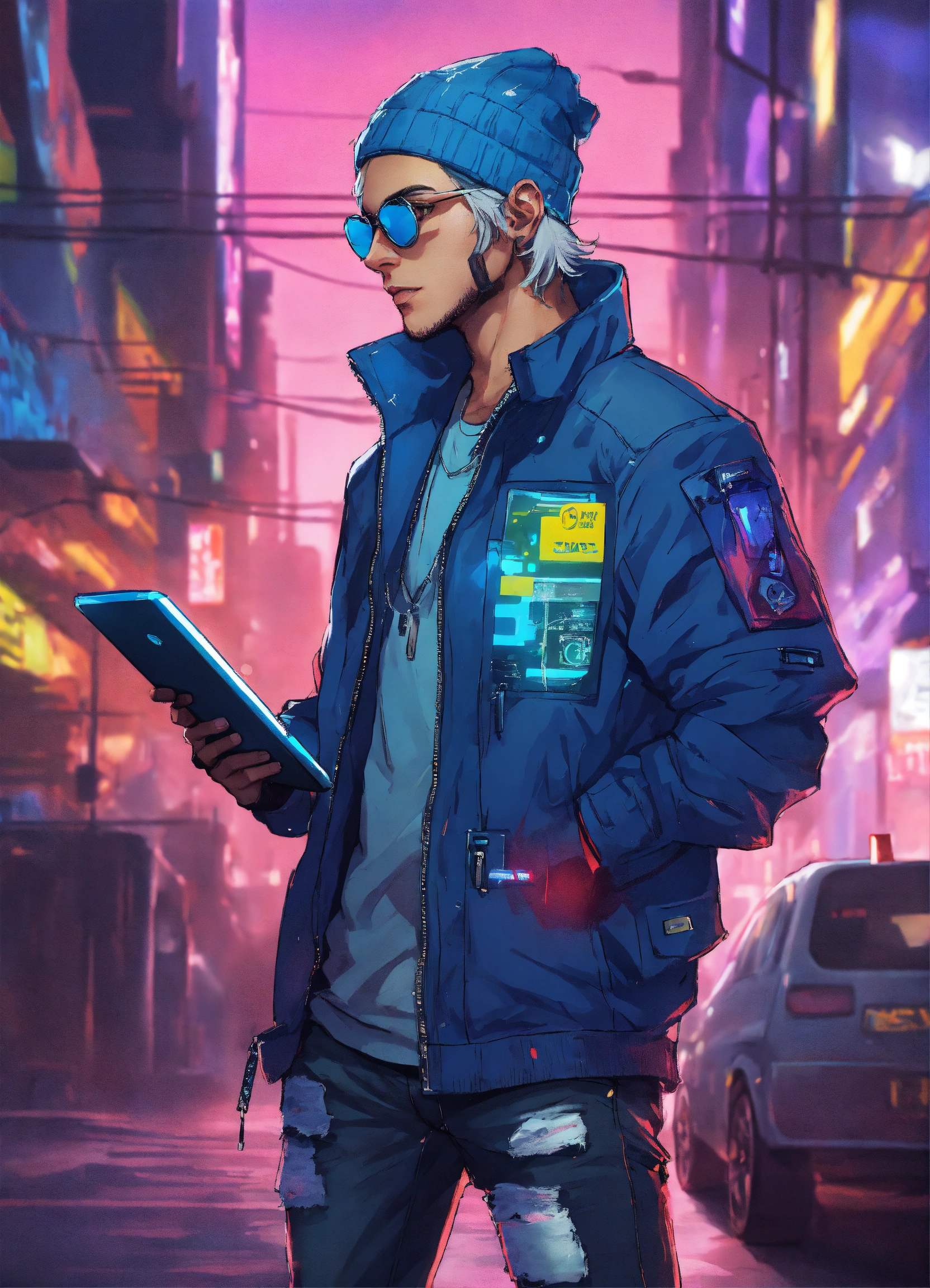 Lexica - Cute male cyberpunk hacker, holding blue colored glasses, in a ...