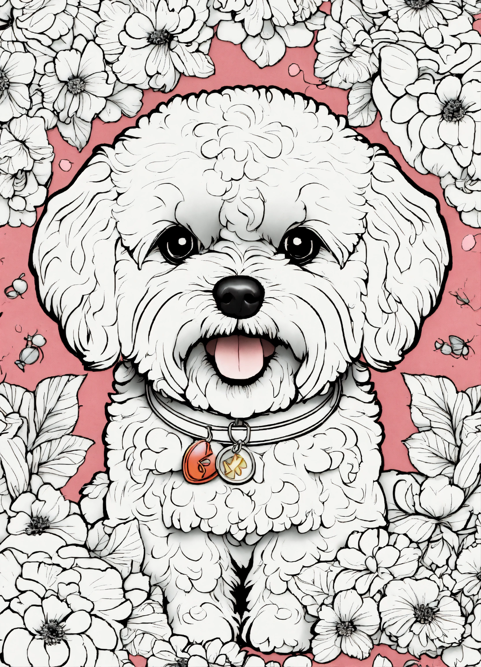 Lexica - Lovely background with Bichon Friese, format as coloring book page
