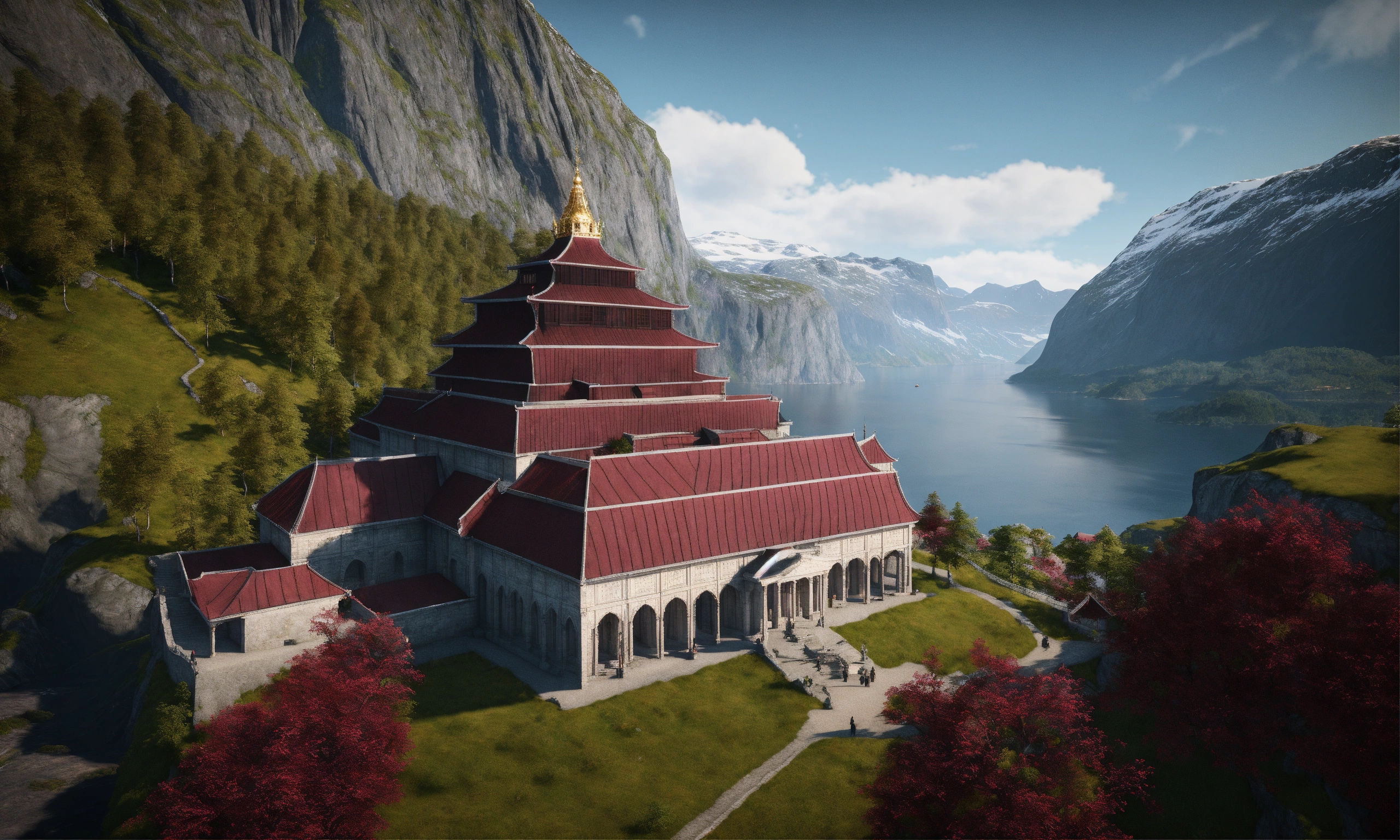Lexica - Full image of a massive royal palace with a maroon roof on a ...