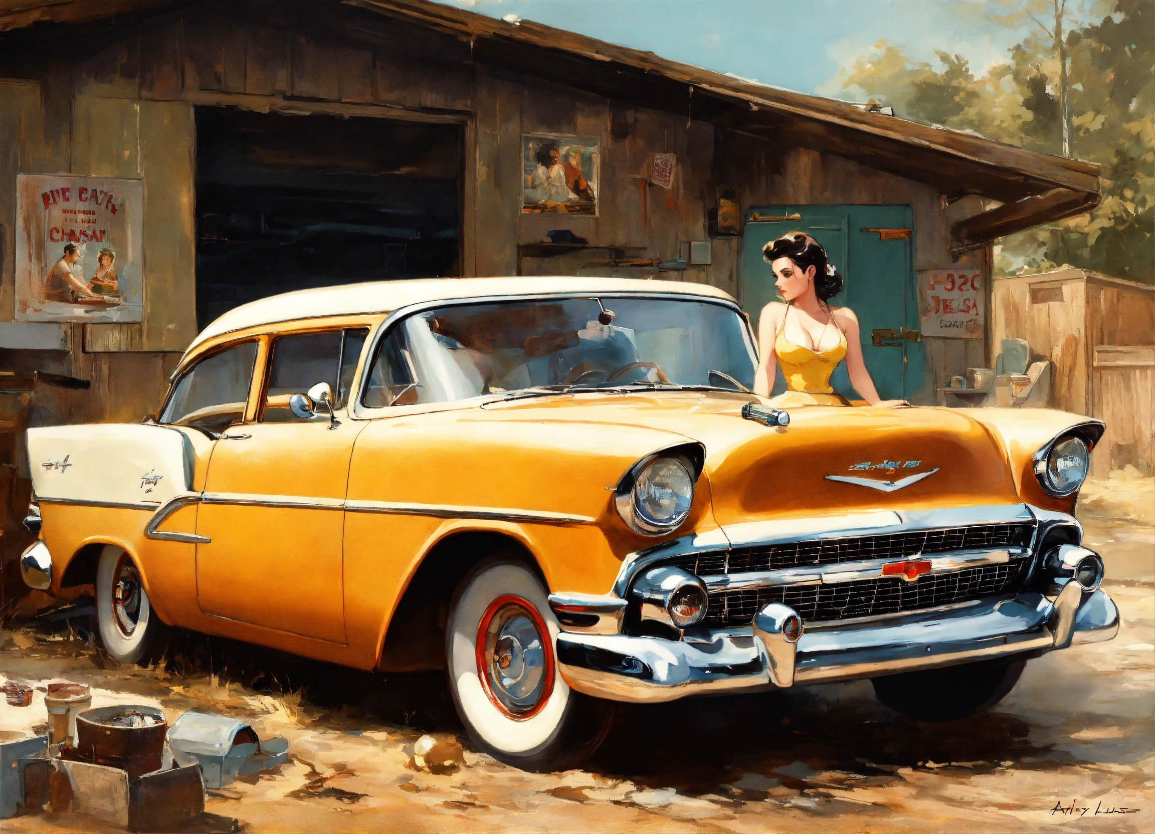 Lexica - Shed scene, vintage atmosphere, with a chevrolet 1955 ...