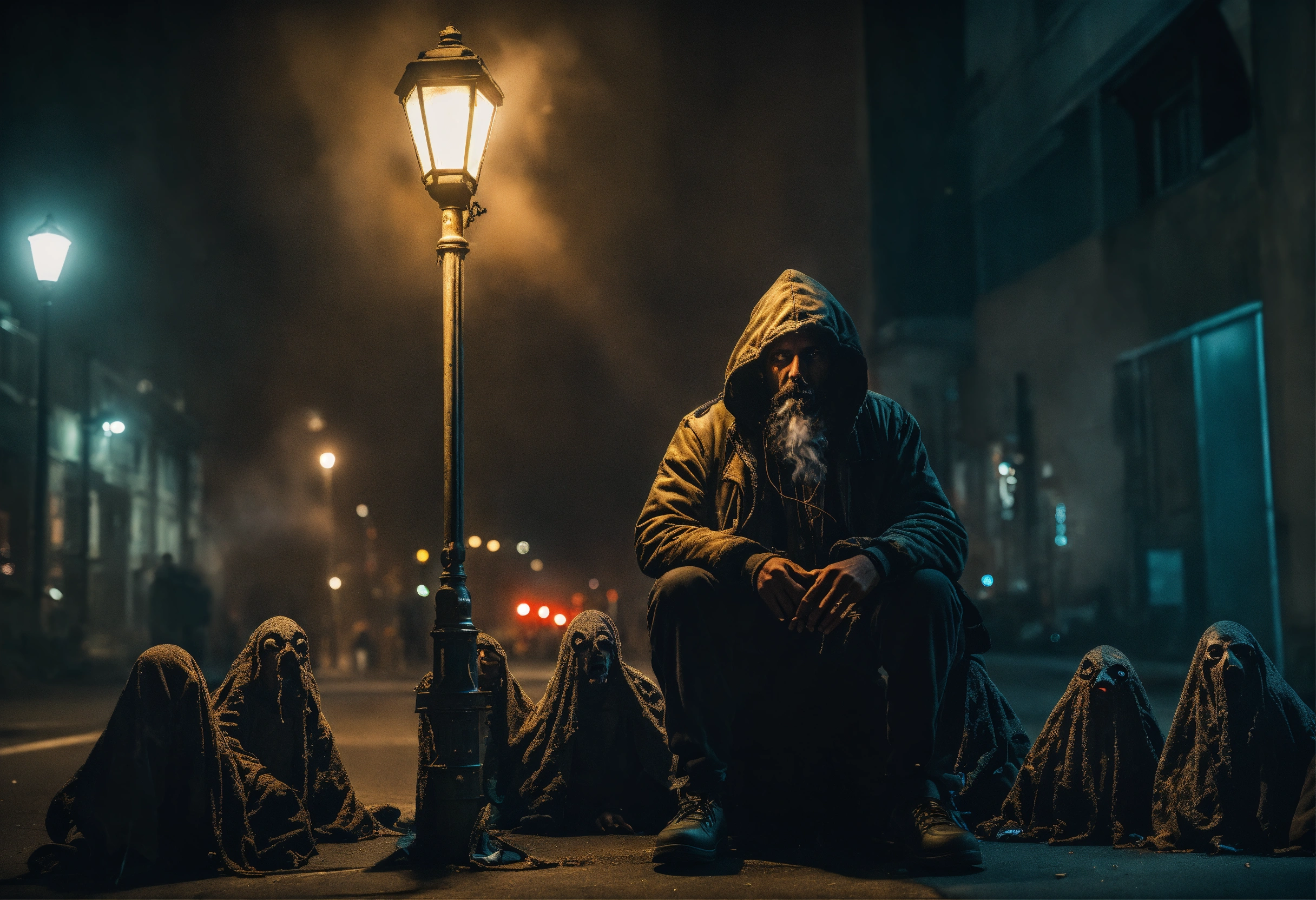 Lexica - An afraid homeless person, sitting down under a street light ...