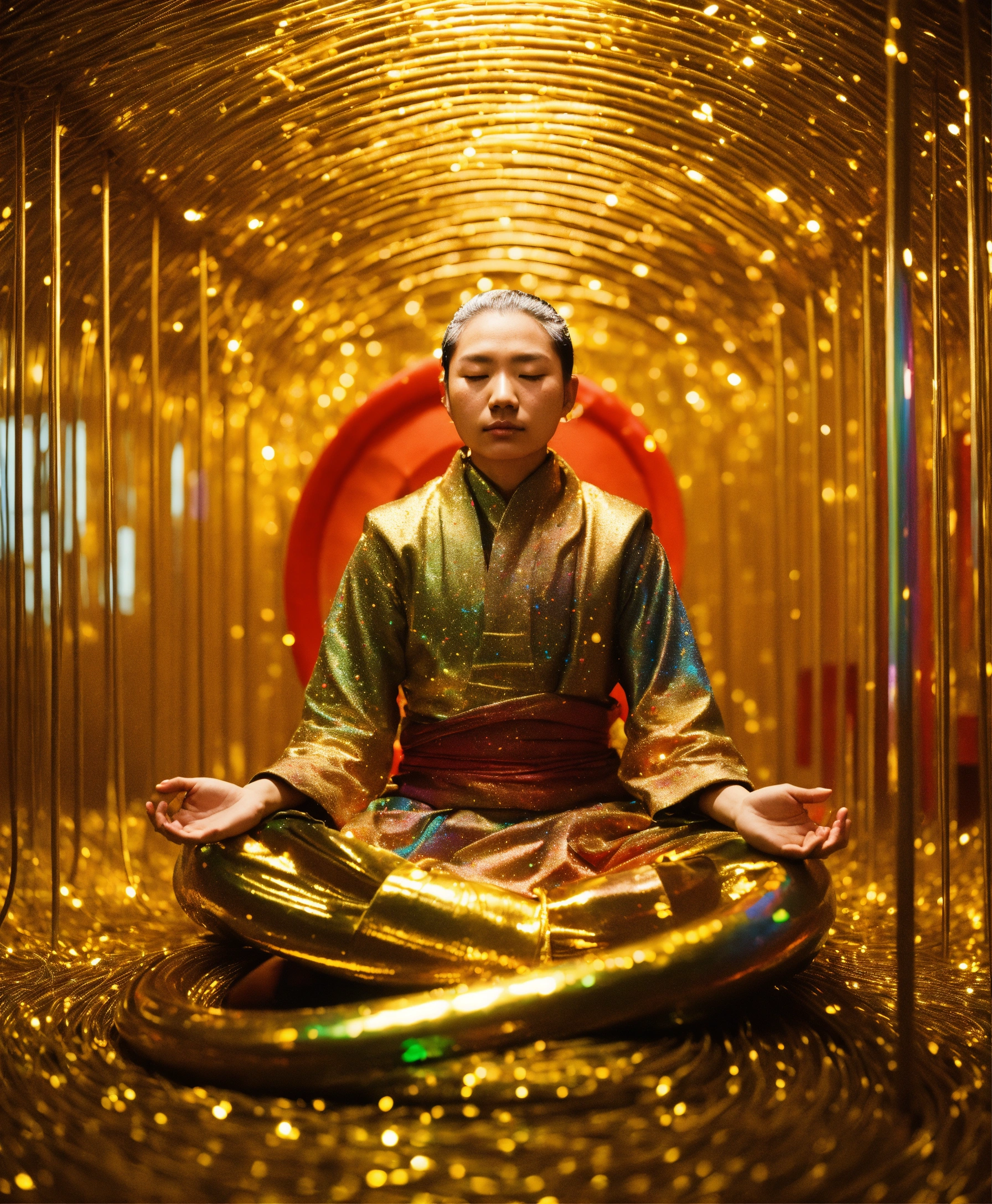 Lexica - The most time traveler meditating in the style of a gold ...