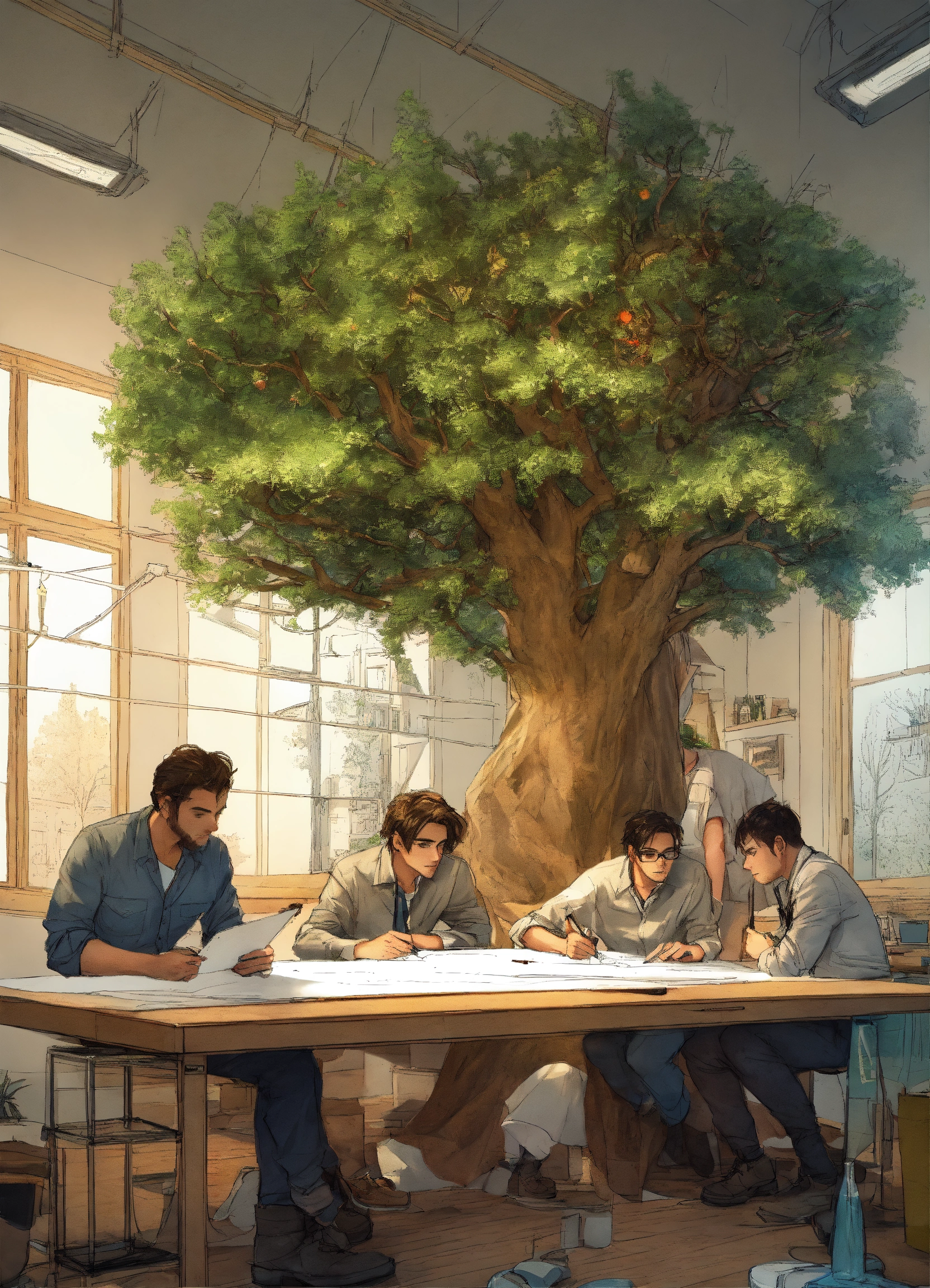 Lexica - A team of designers around a drawing table, deep in thought ...