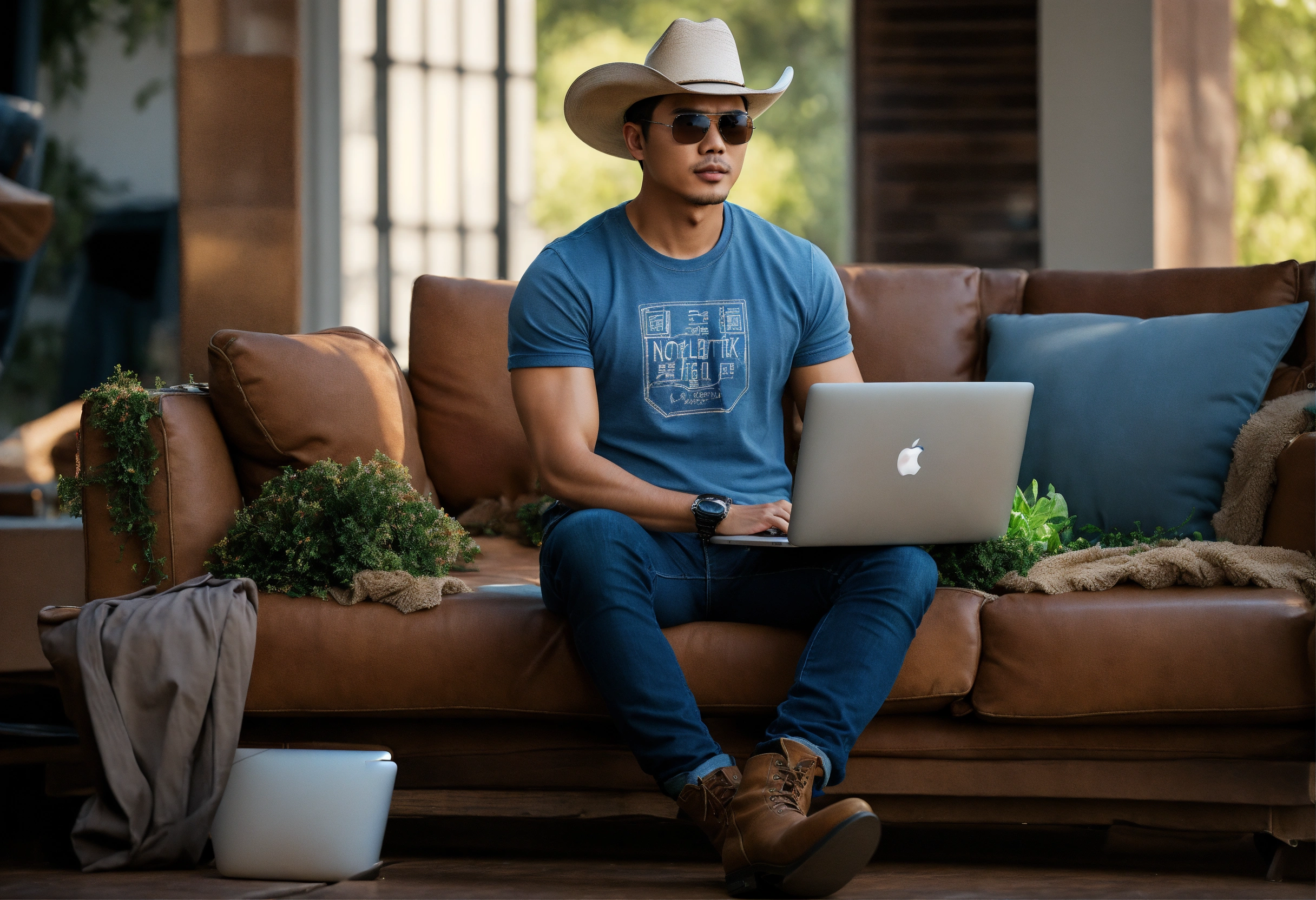 Lexica - Asian guy in cowboy hat, boots, jeans tech company t-shirt ...