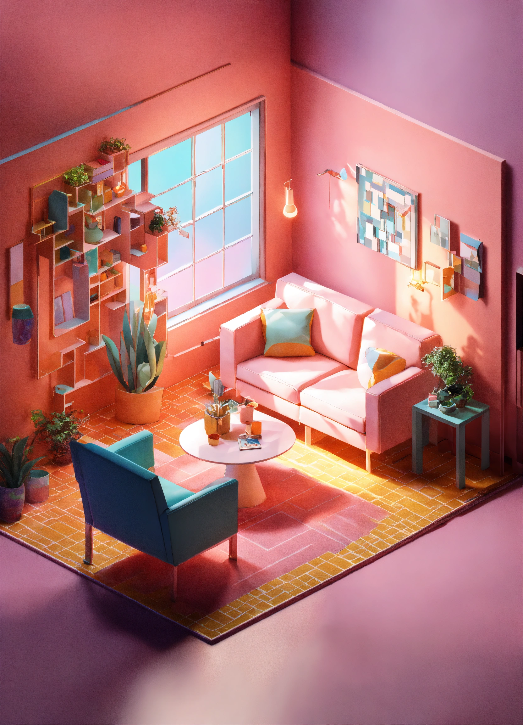 Lexica - Cube cutout of an isometric living room, 3d art, pastel colors ...
