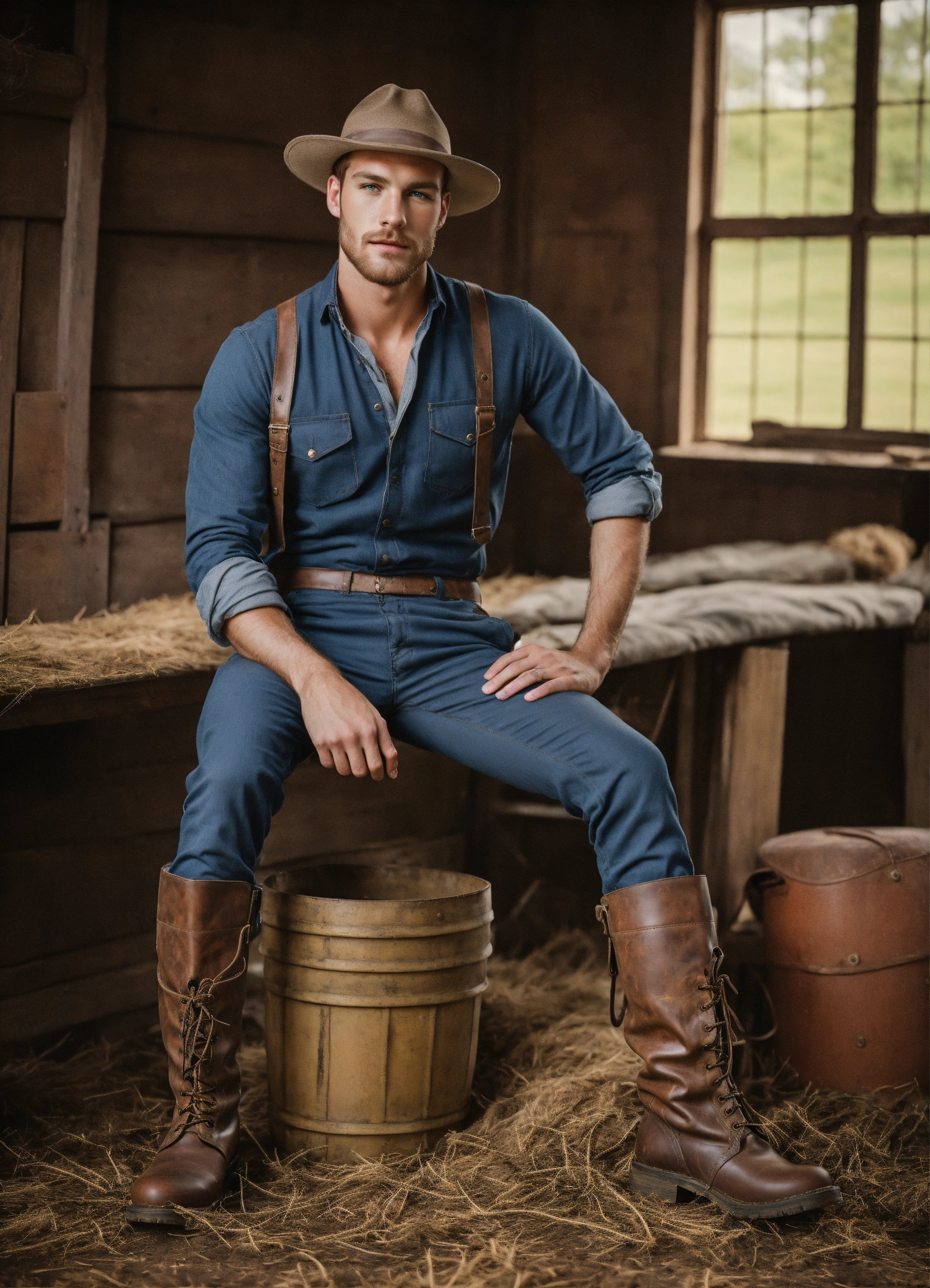 Lexica - Photo essay of handsome German male model, in a vintage farm ...