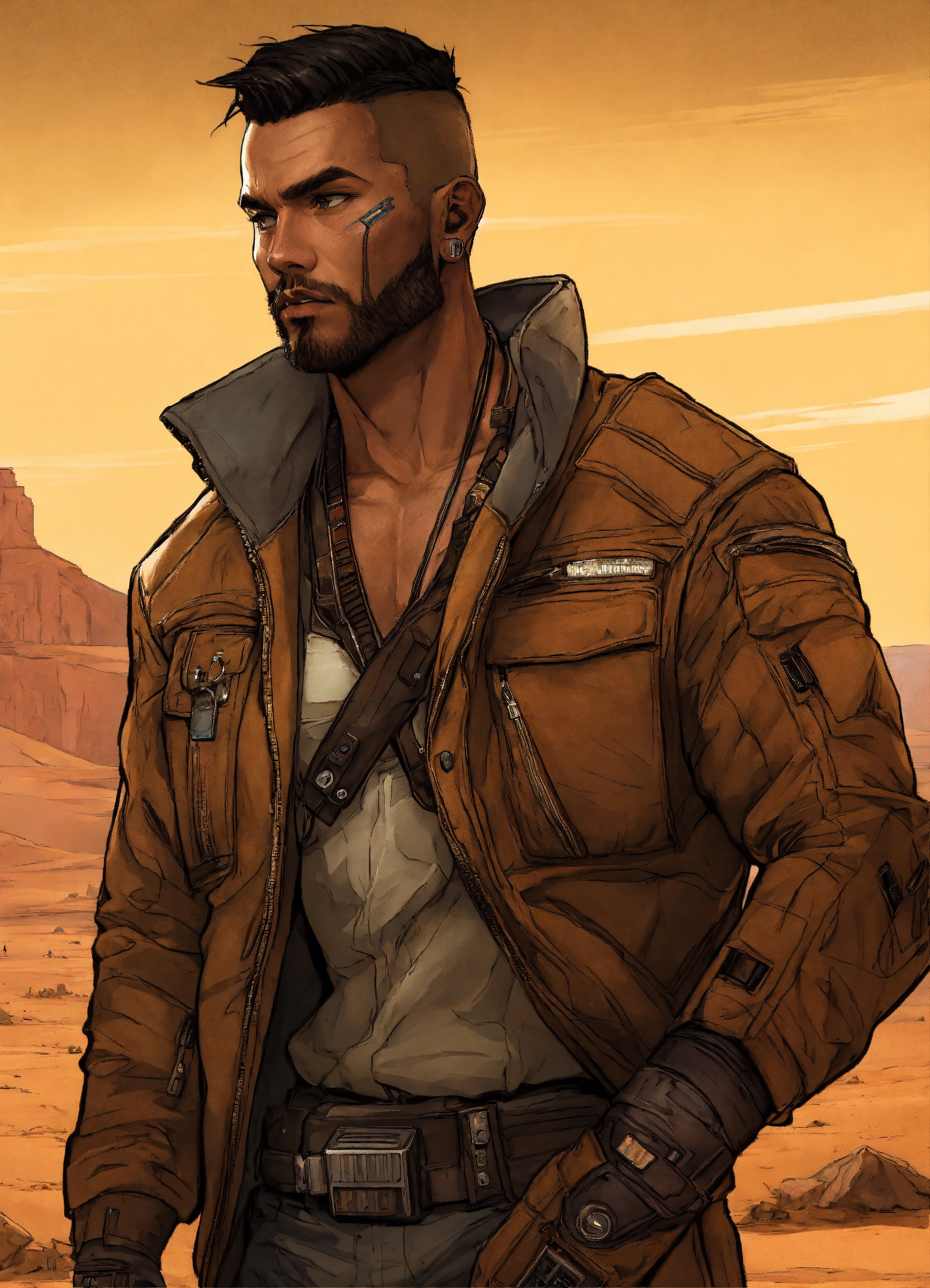 Lexica - Cyberpunk Navajo nomad attractive muscled in a brown jacket in ...