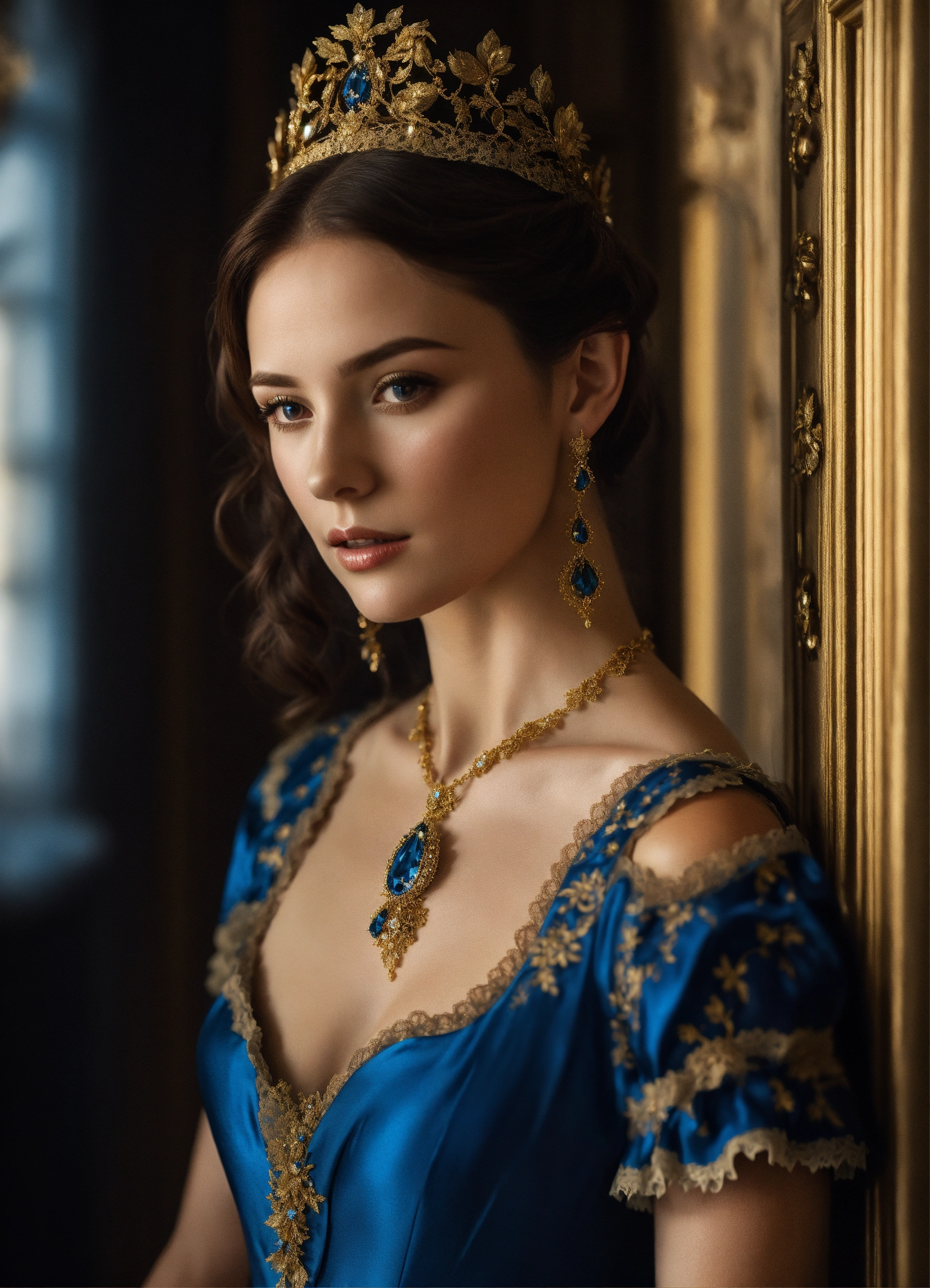Lexica - Closeup Photorealistic woman in Renaissance blue-and-gold gown ...