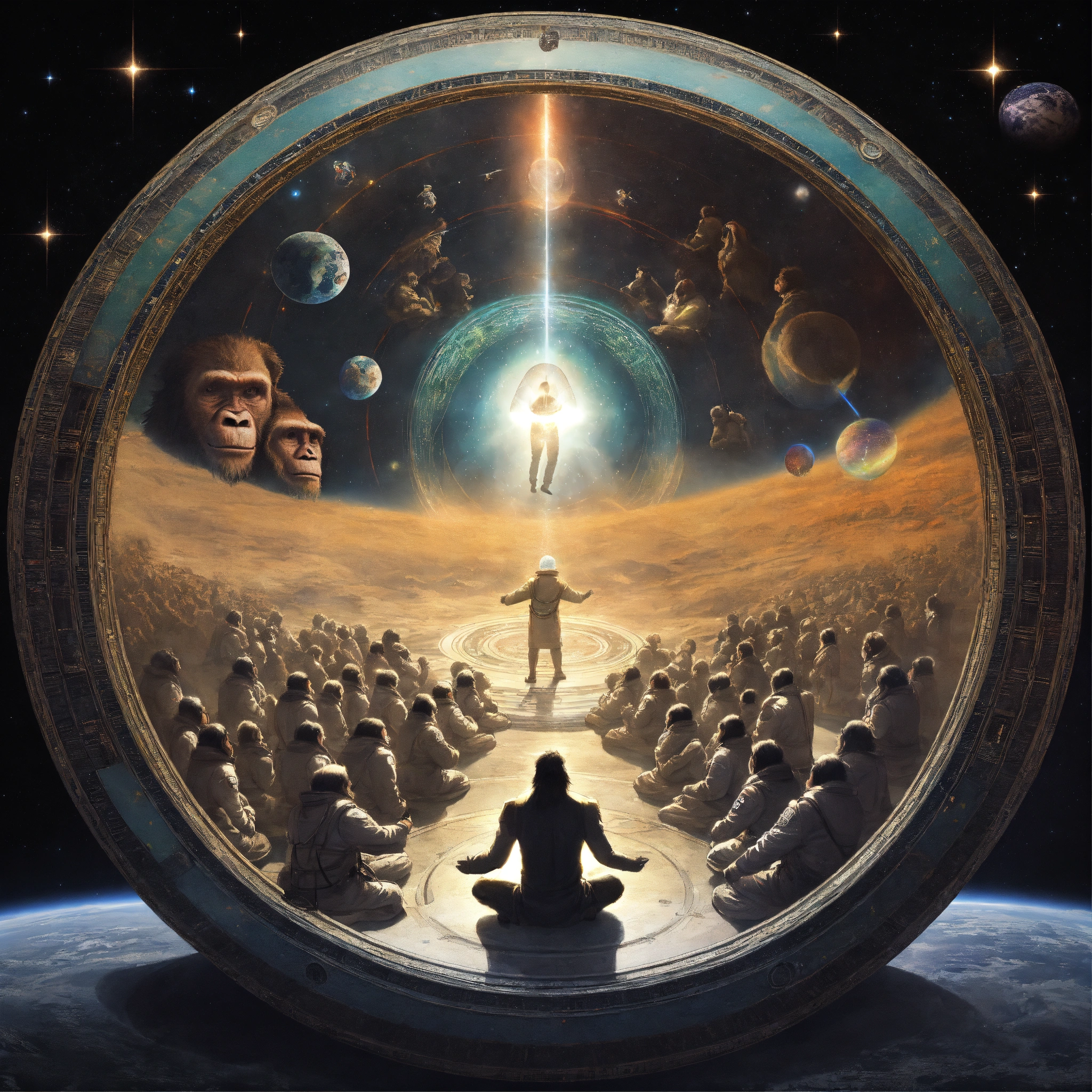 Lexica - Apes praying to a human god in space, in circle image ...