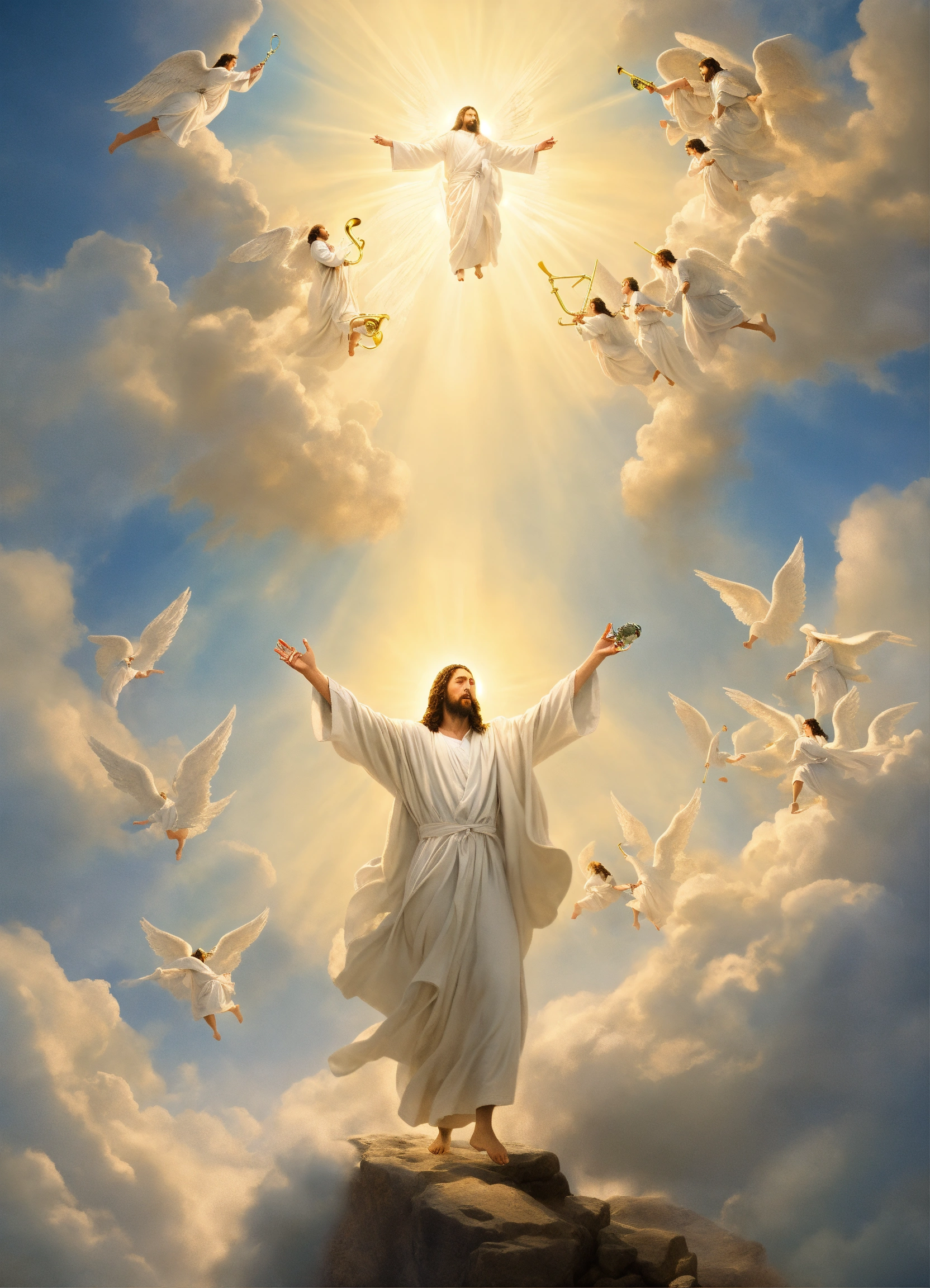 Lexica - Jesus christ walking on the clouds wearing white robes. Angels ...