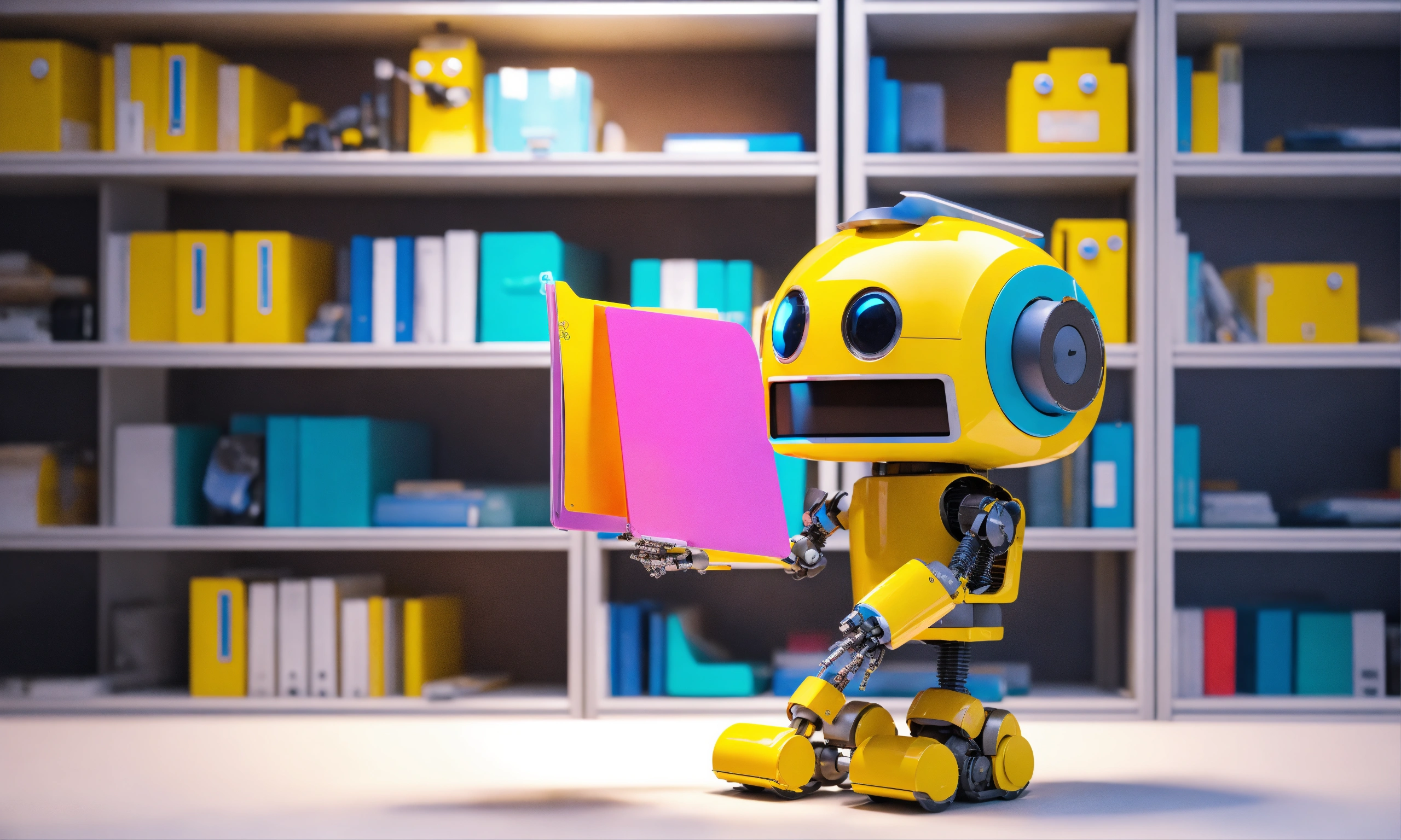 Lexica - Cute robot creature holding profile folder, looking to a ...