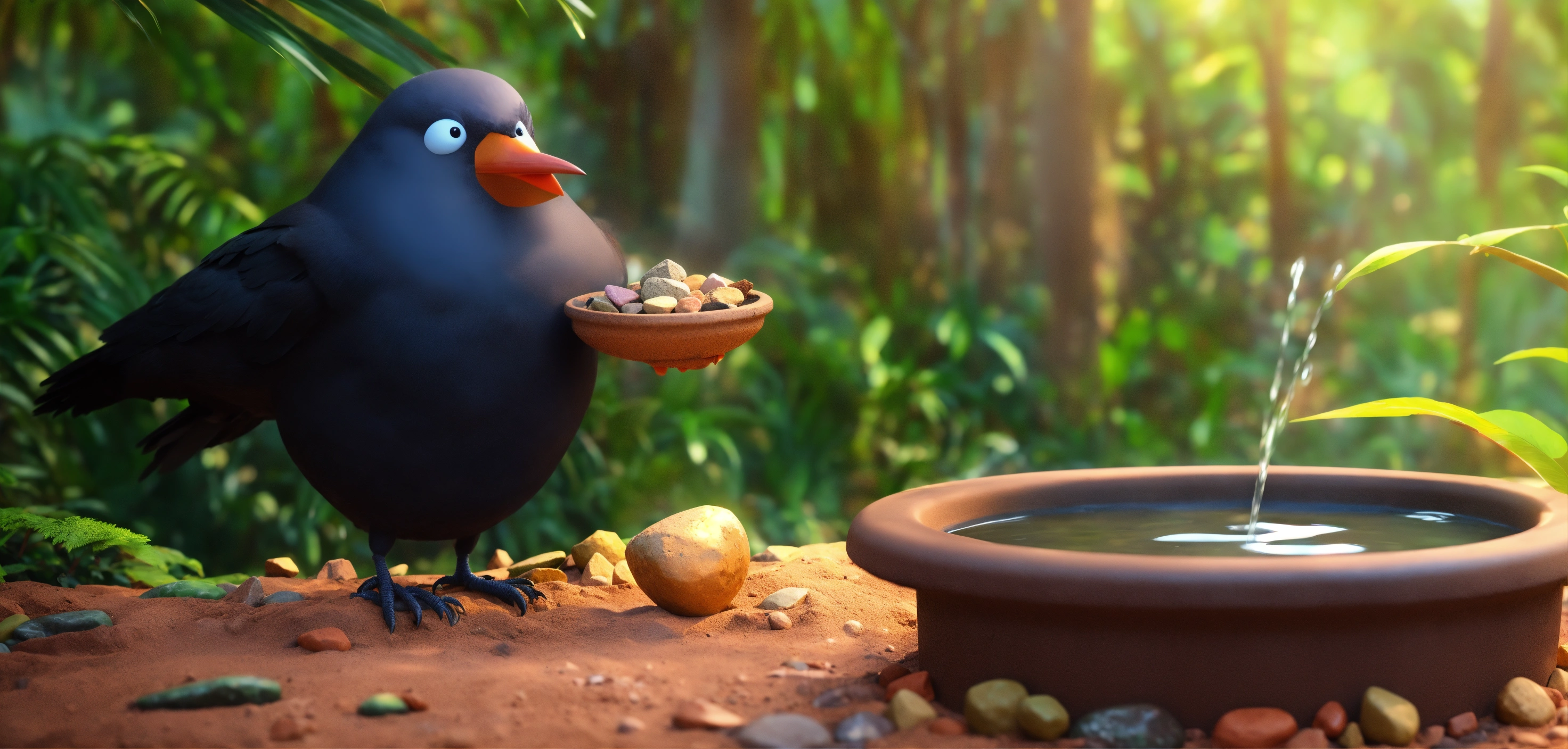 Lexica - 3d animation style crow putting stone in big deep clay pot ...