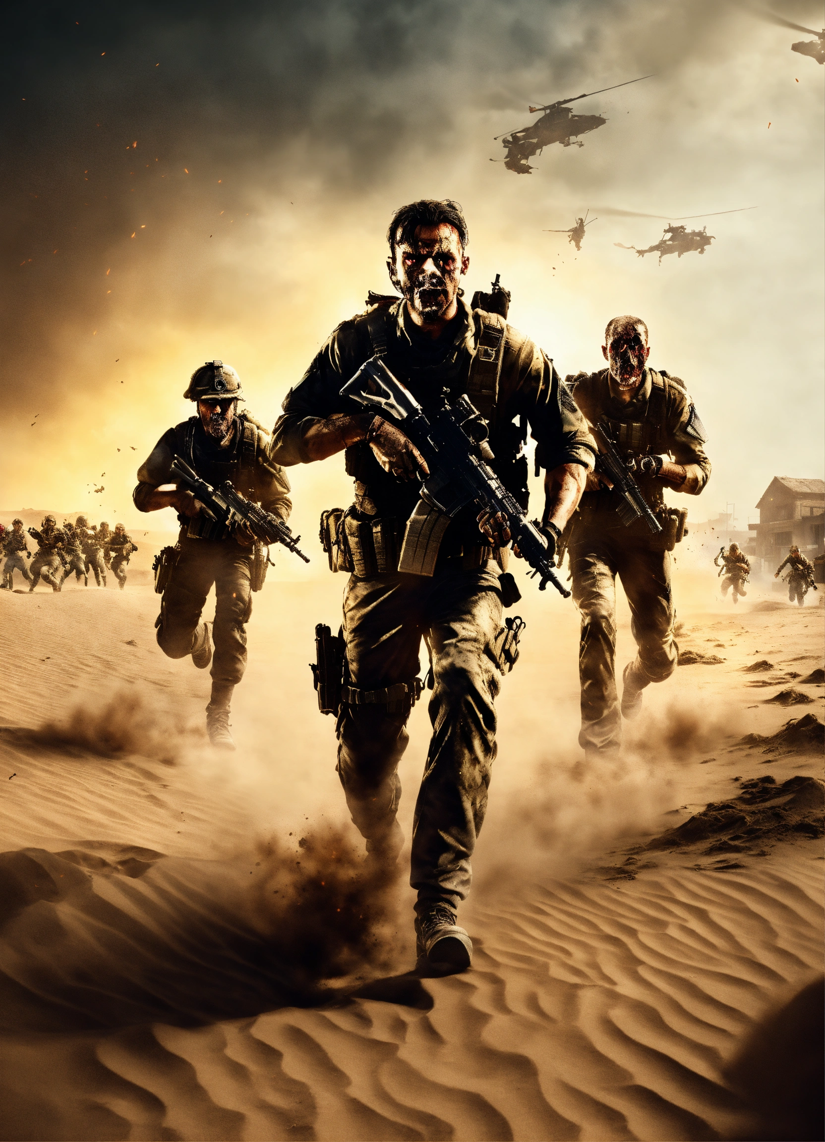 Lexica - Call of duty zombies running at camera on sand, cinematic 4k