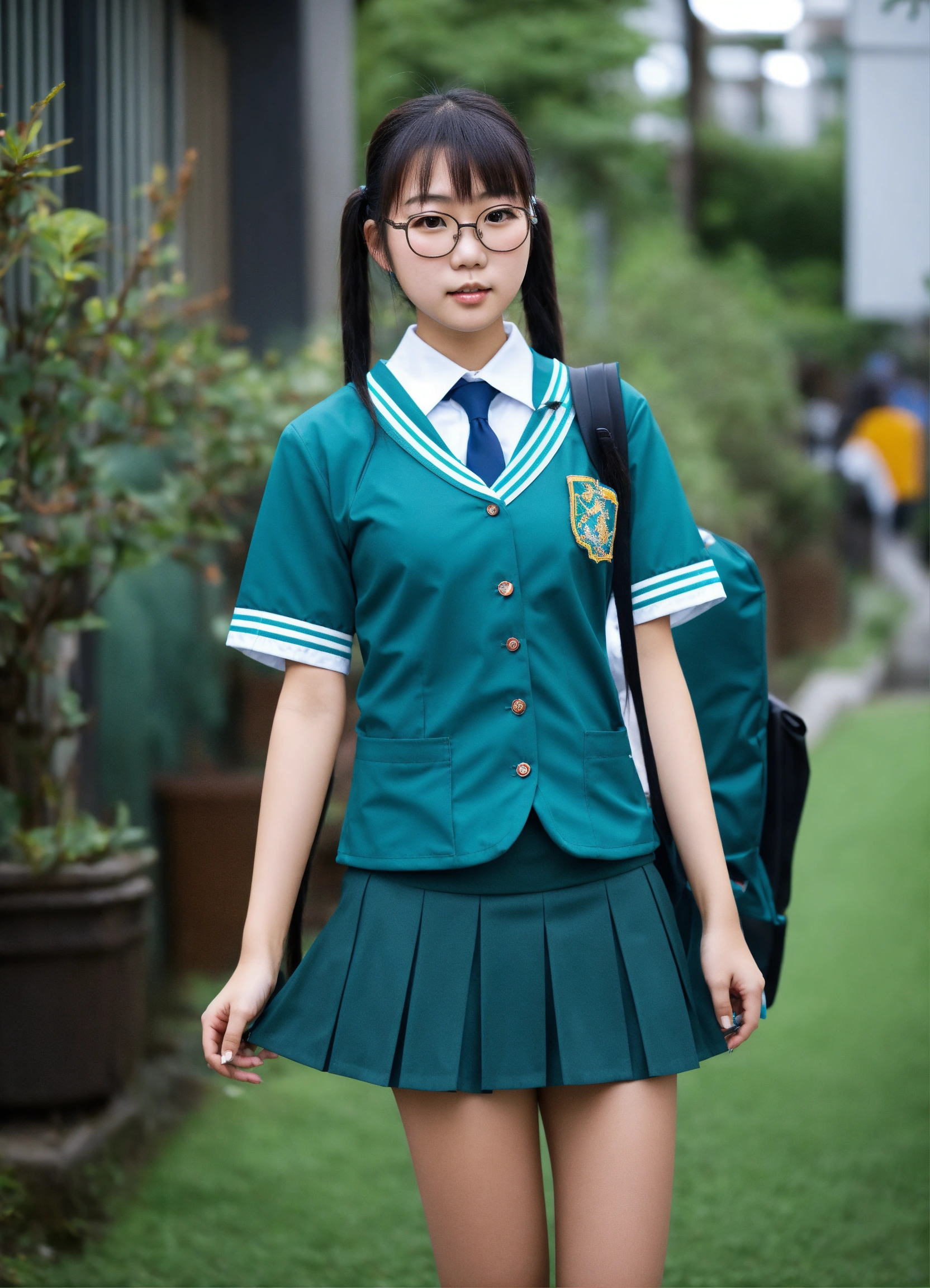 Lexica - Japanese Girl with twin tails and glasses in teal plastic ...