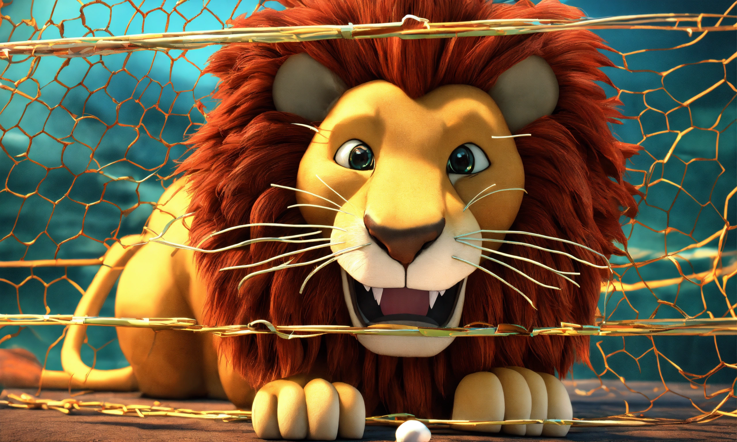 Lexica - Cartoon 3d big lion trapped in net and mouse cutting net by ...