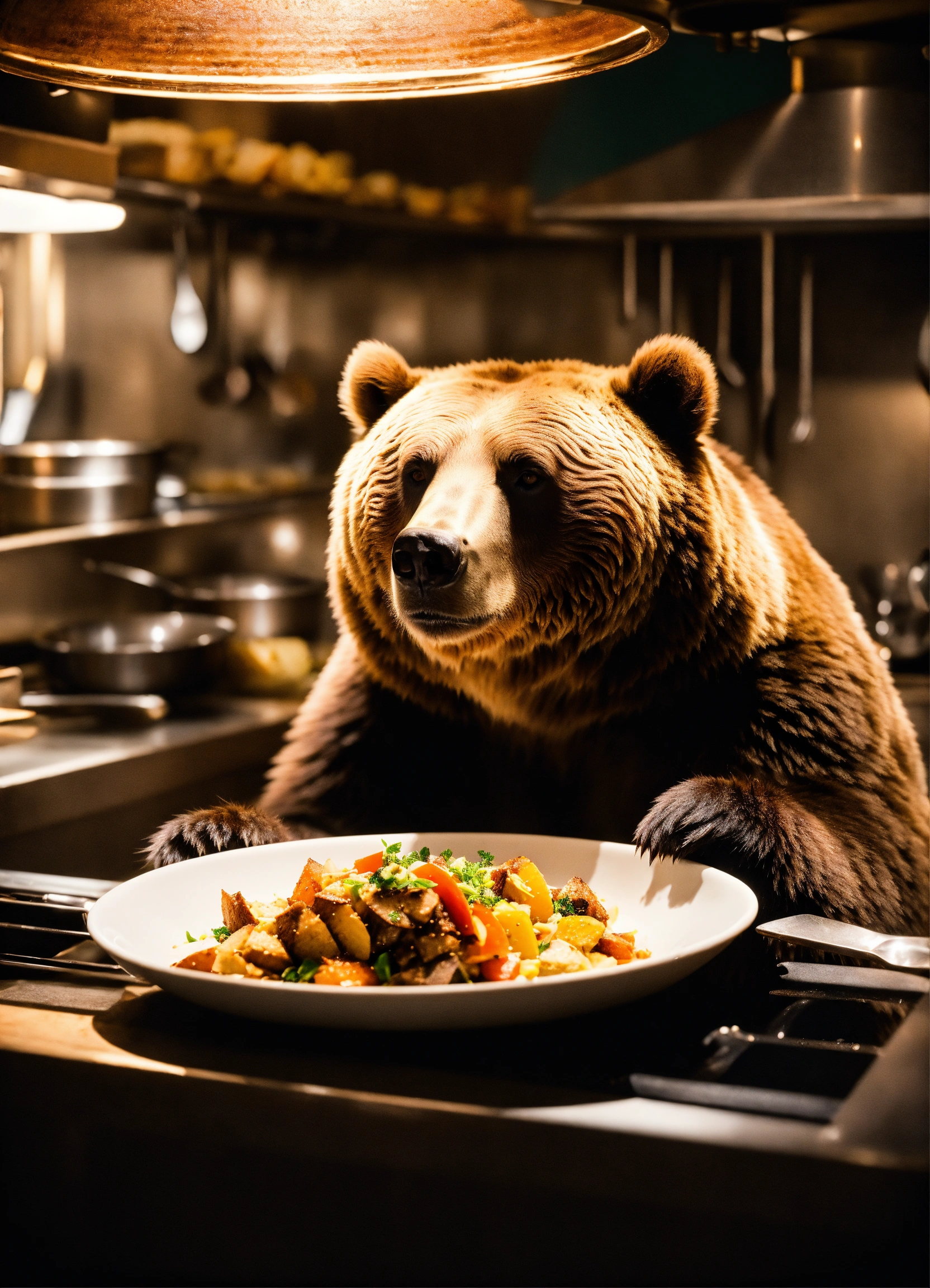 Lexica - Grizzly bear cooking in kitchen, French restaurant, fine ...