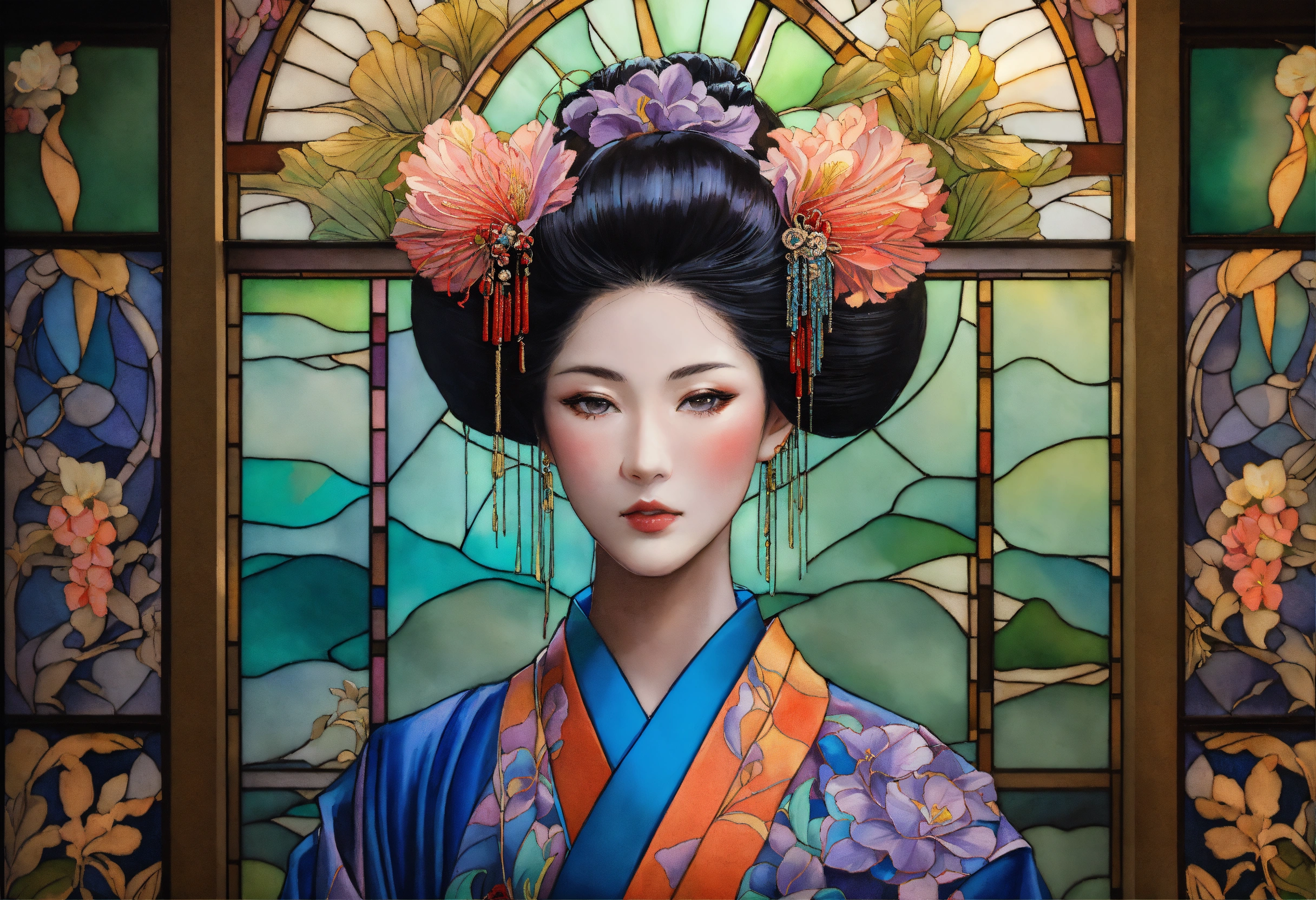 Lexica - Portrait of a geisha in Art Nouveau style, dressed in a kimono ...